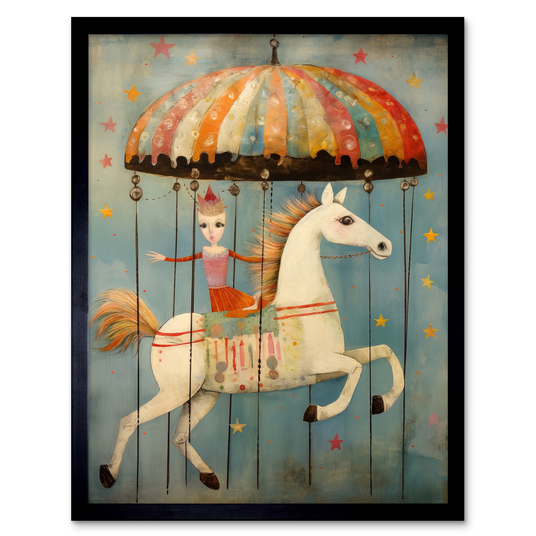 Folk Art Whimsical Carousel Fairground Kids Girls Bedroom Artwork Soft ...