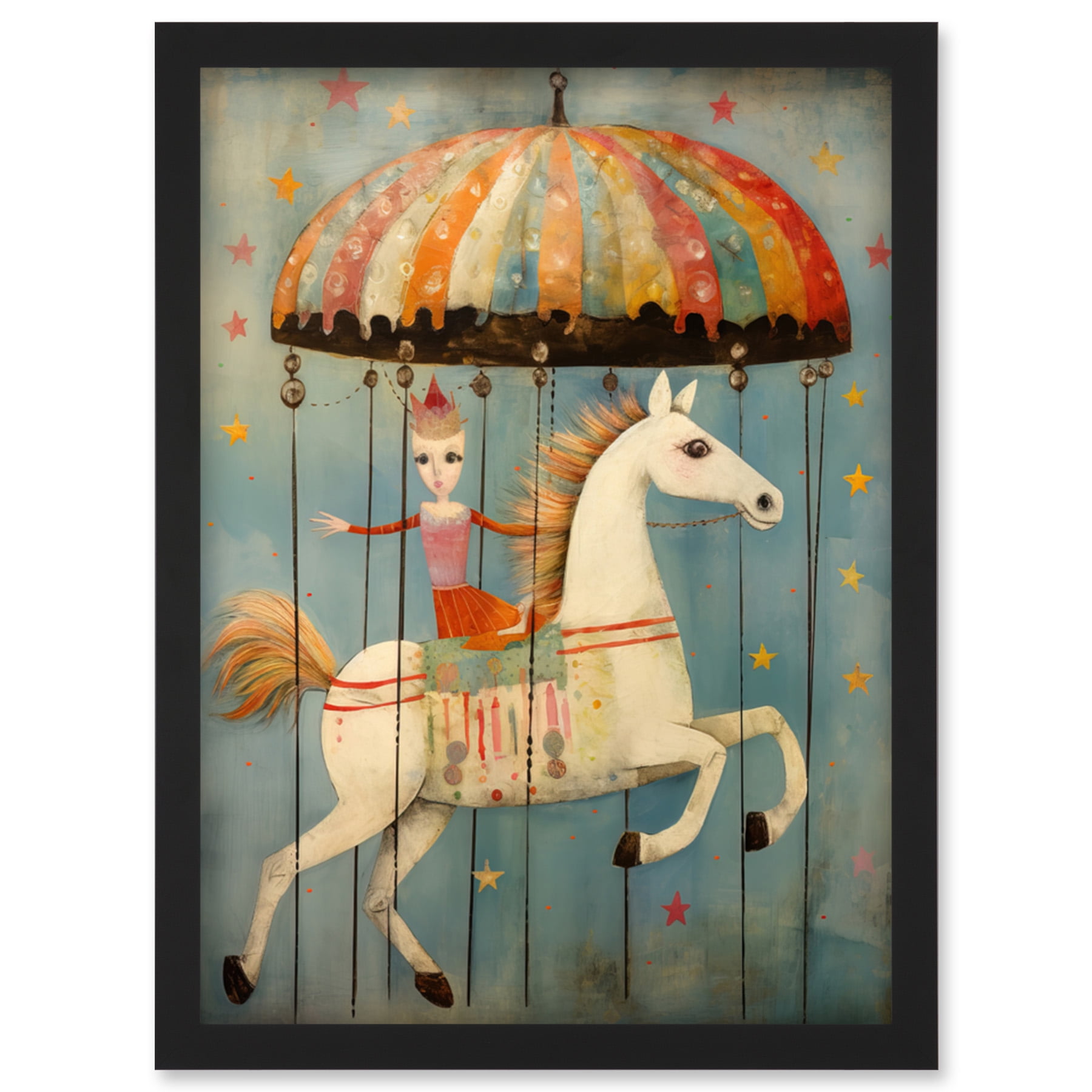 Folk Art Whimsical Carousel Fairground Kids Girls Bedroom Artwork Soft ...