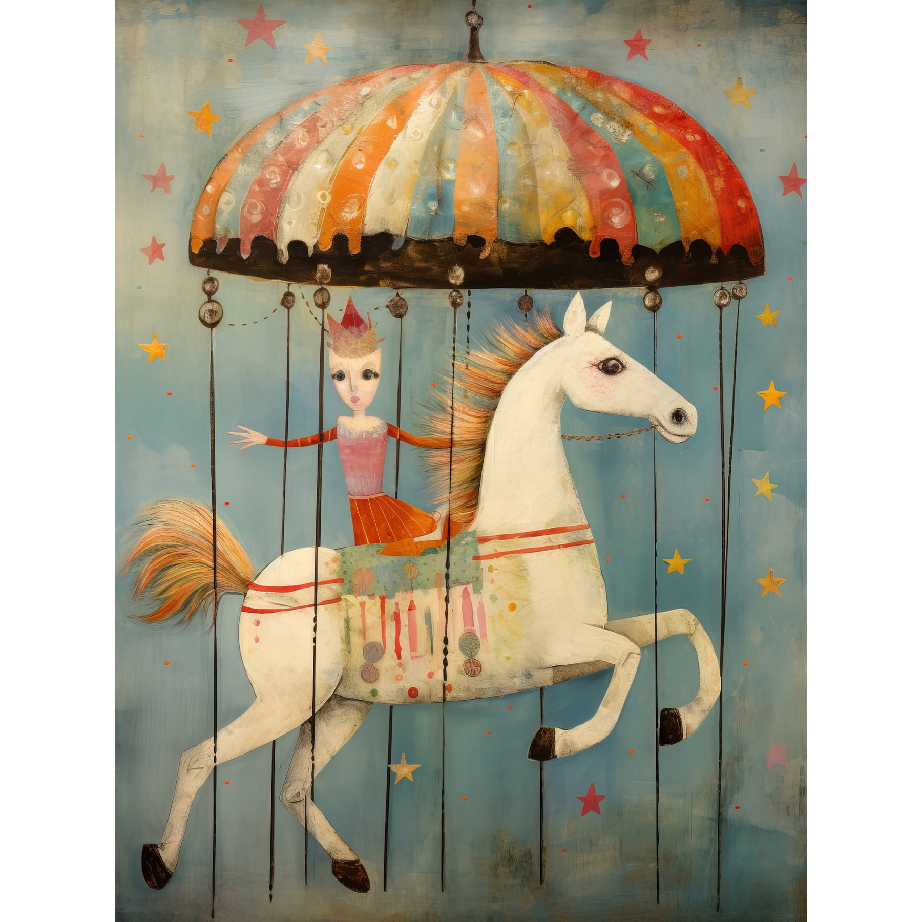 Folk Art Whimsical Carousel Fairground Kids Girls Bedroom Artwork Soft ...