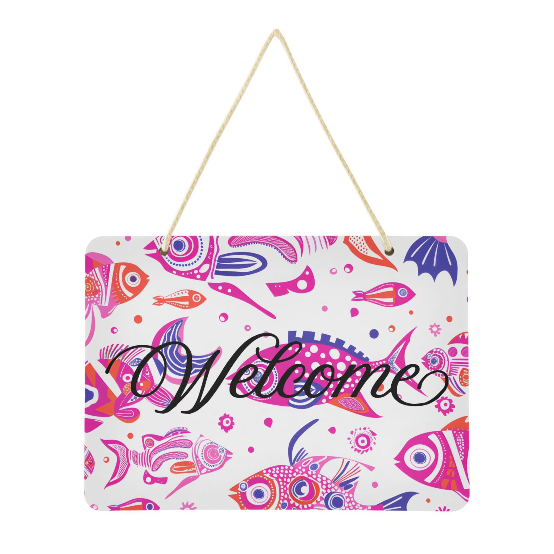 Folk Cartoon Playful Fish Welcome Sign Front Door PVC 14x10 inch Hanger ...