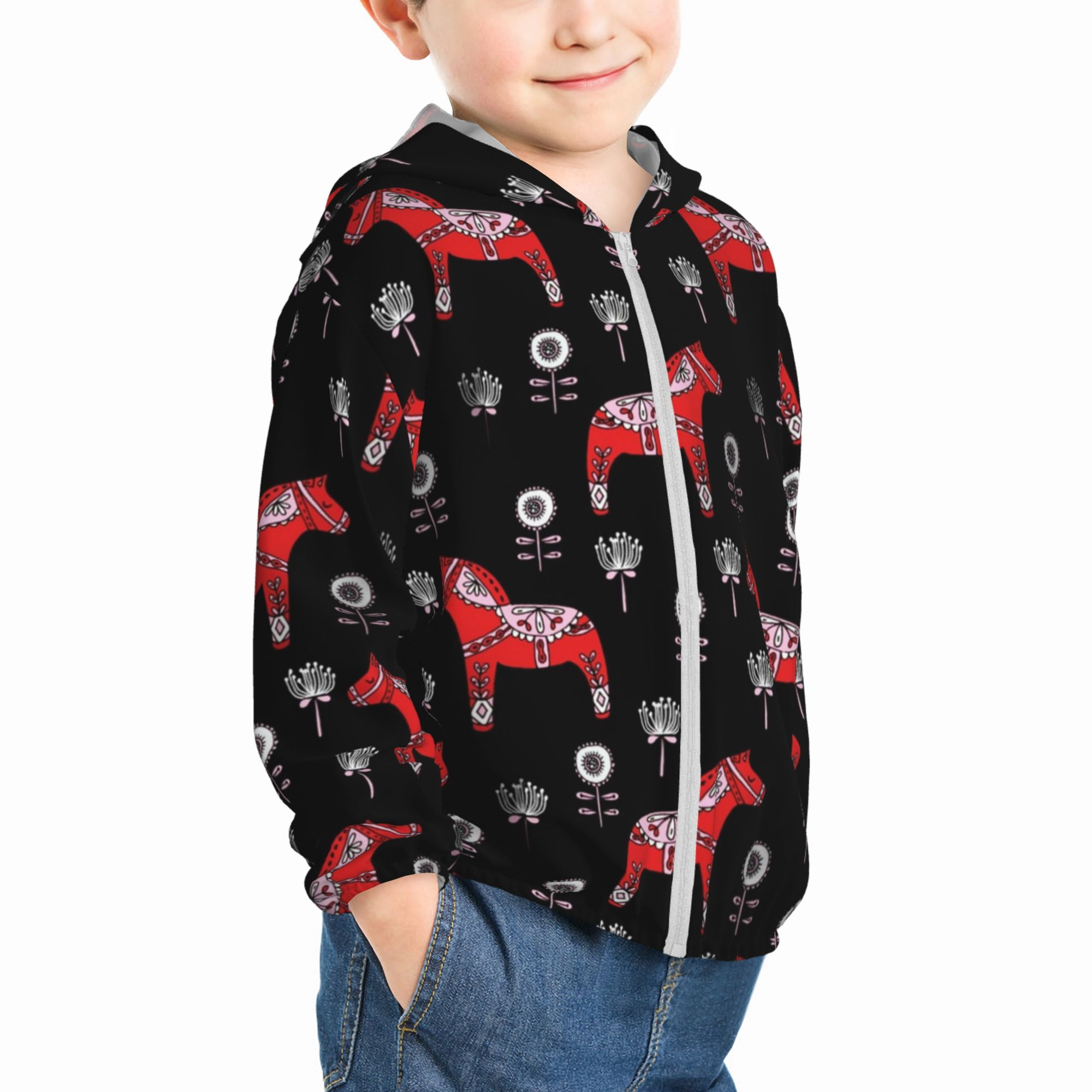 Folk Dala Horse Kids Zip-Up Hoodie Girls Boys Sun Protection Jacket Hooded Cooling Shirt ...