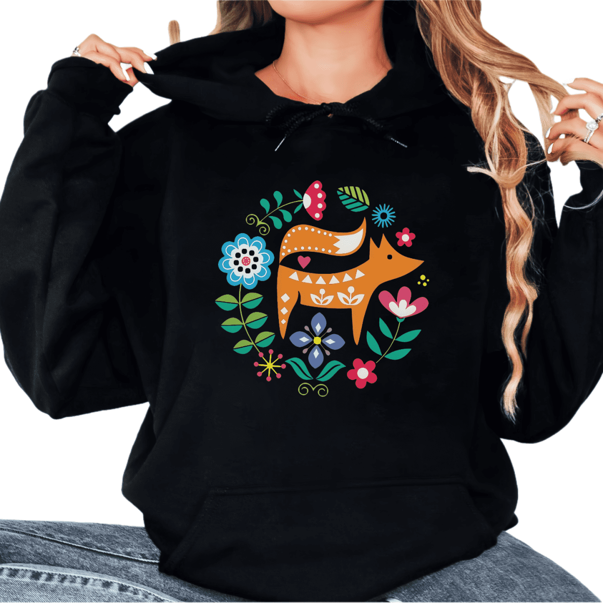 Folk Decorative Style Fox & Flower Surrounding Theme Graphic Sweatshirt ...