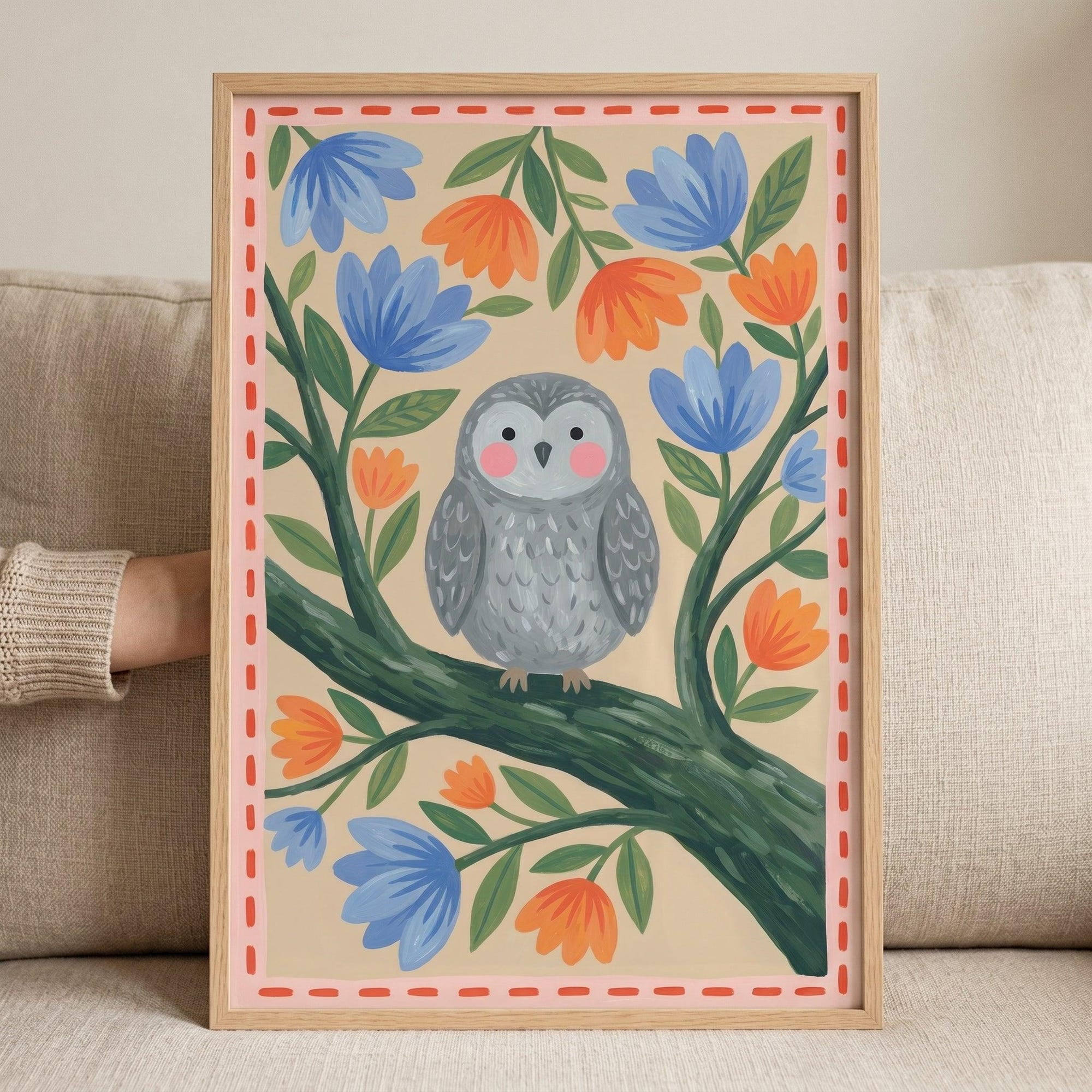 Folk Floral Grey Owl Wall Art Whimsical Nursery Decor Woodland Animal ...