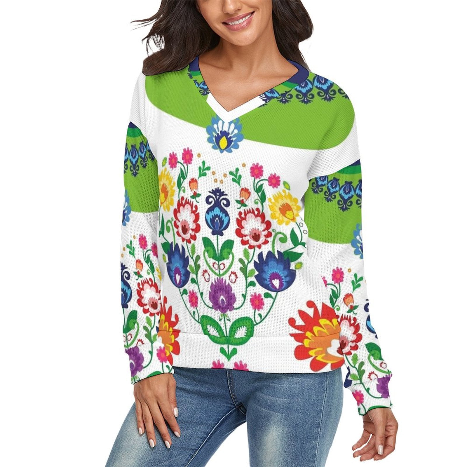 Folk Heart Beautiful Polish Folk Motif - White V-neck Sweater Winter ...