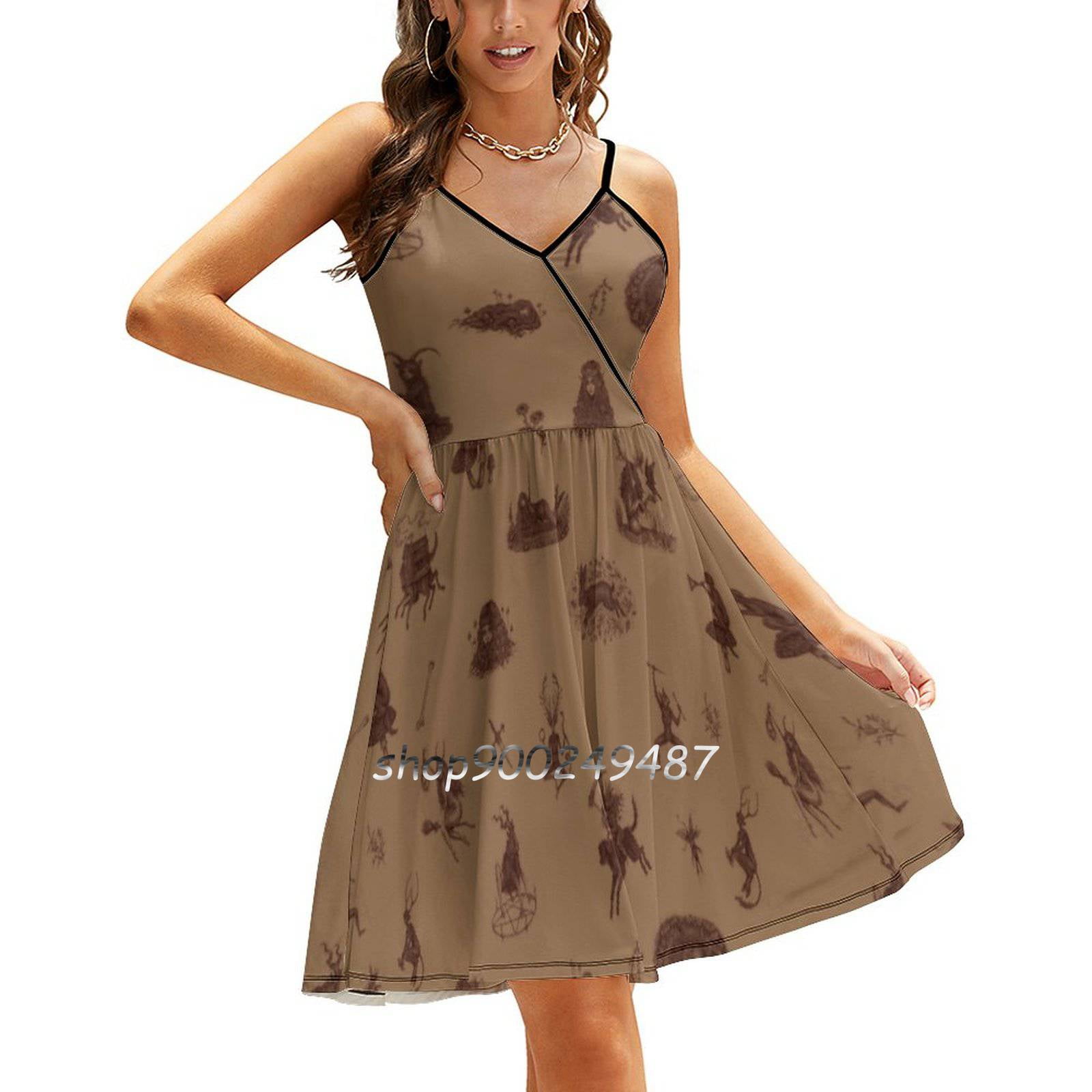 Folk Horror In Brown Square Neck Dress Cute Loose Print Dresses Elegant ...