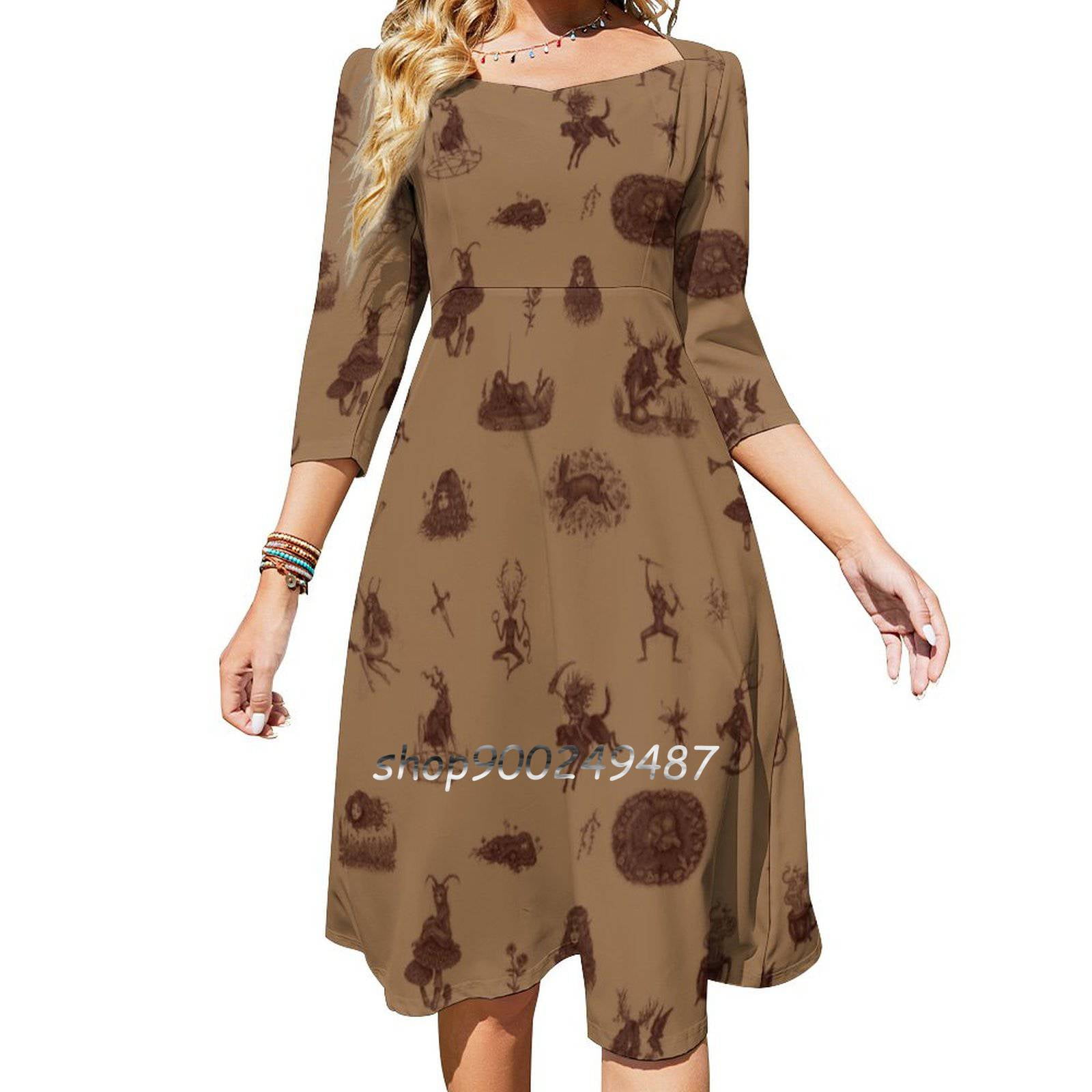 Folk Horror In Brown Square Neck Dress Cute Loose Print Dresses Elegant ...