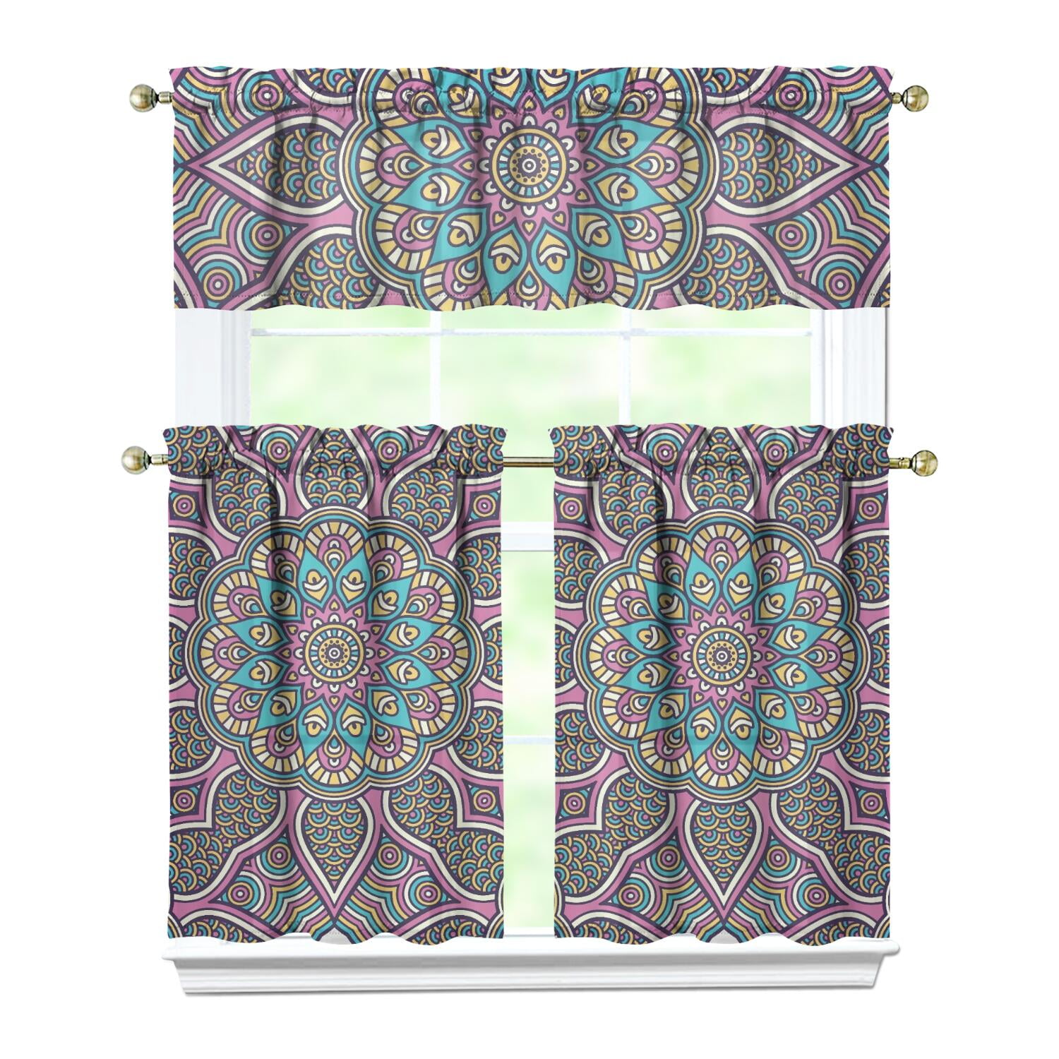 Folk Style Mandala Pattern Kitchen Curtains - Semi-Sheer 3-PCS Set with ...