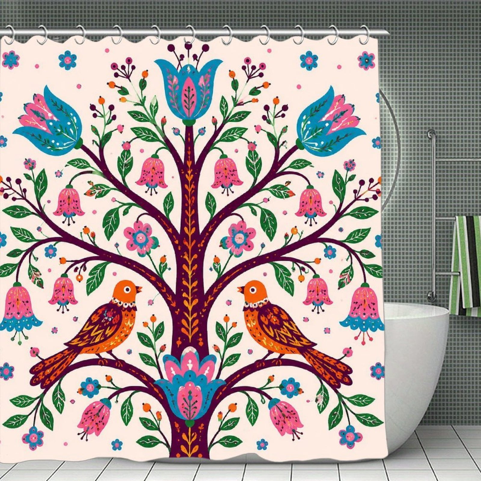 Folk Tree Birds Print Shower Curtain,Cloth Fabric Waterproof Polyester ...