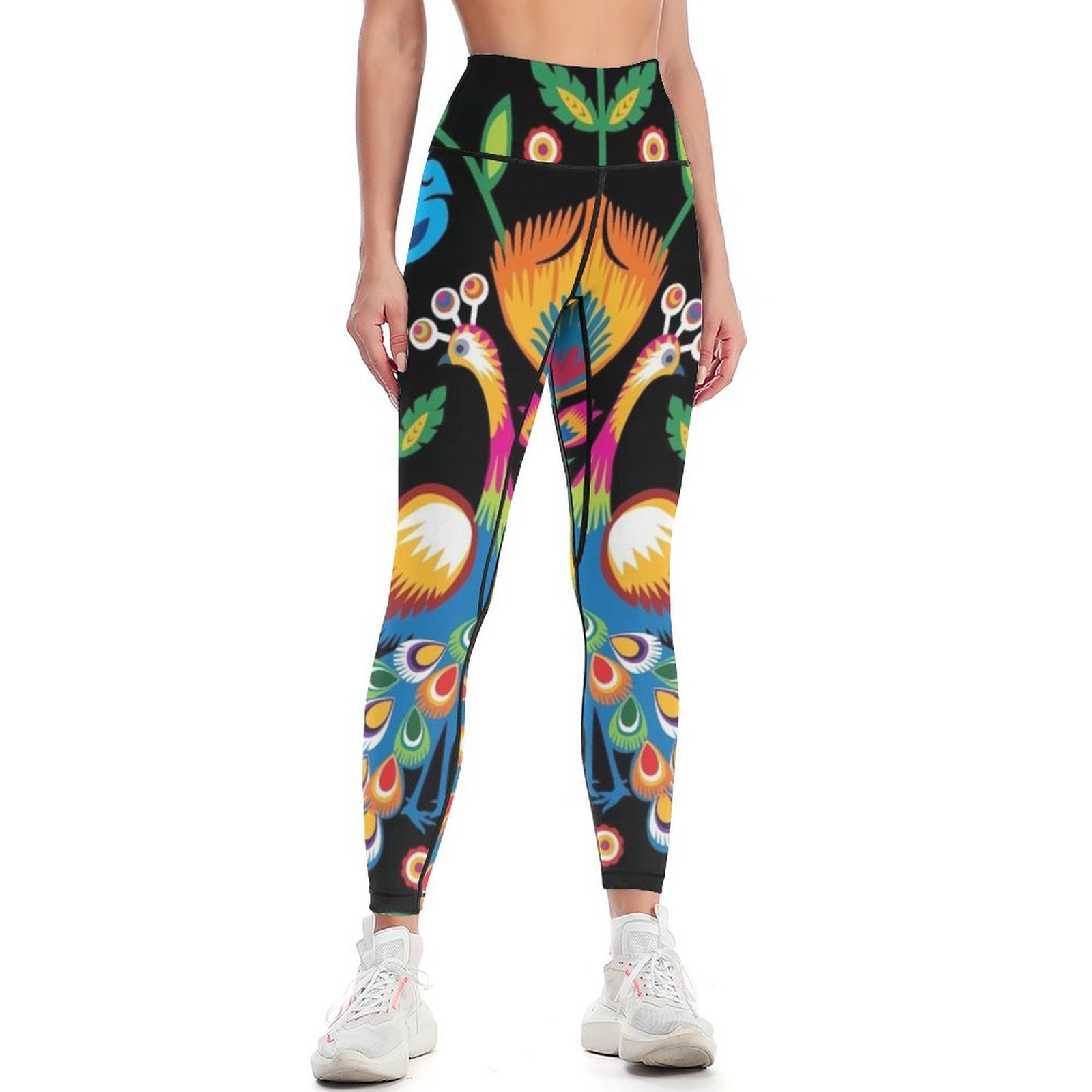 Folk composition with peacocks on black Leggings sportswear woman gym ...