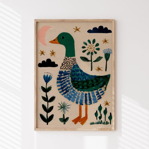 Folk duck art Poster nursery whimsical illustration vintage cottagecore ...