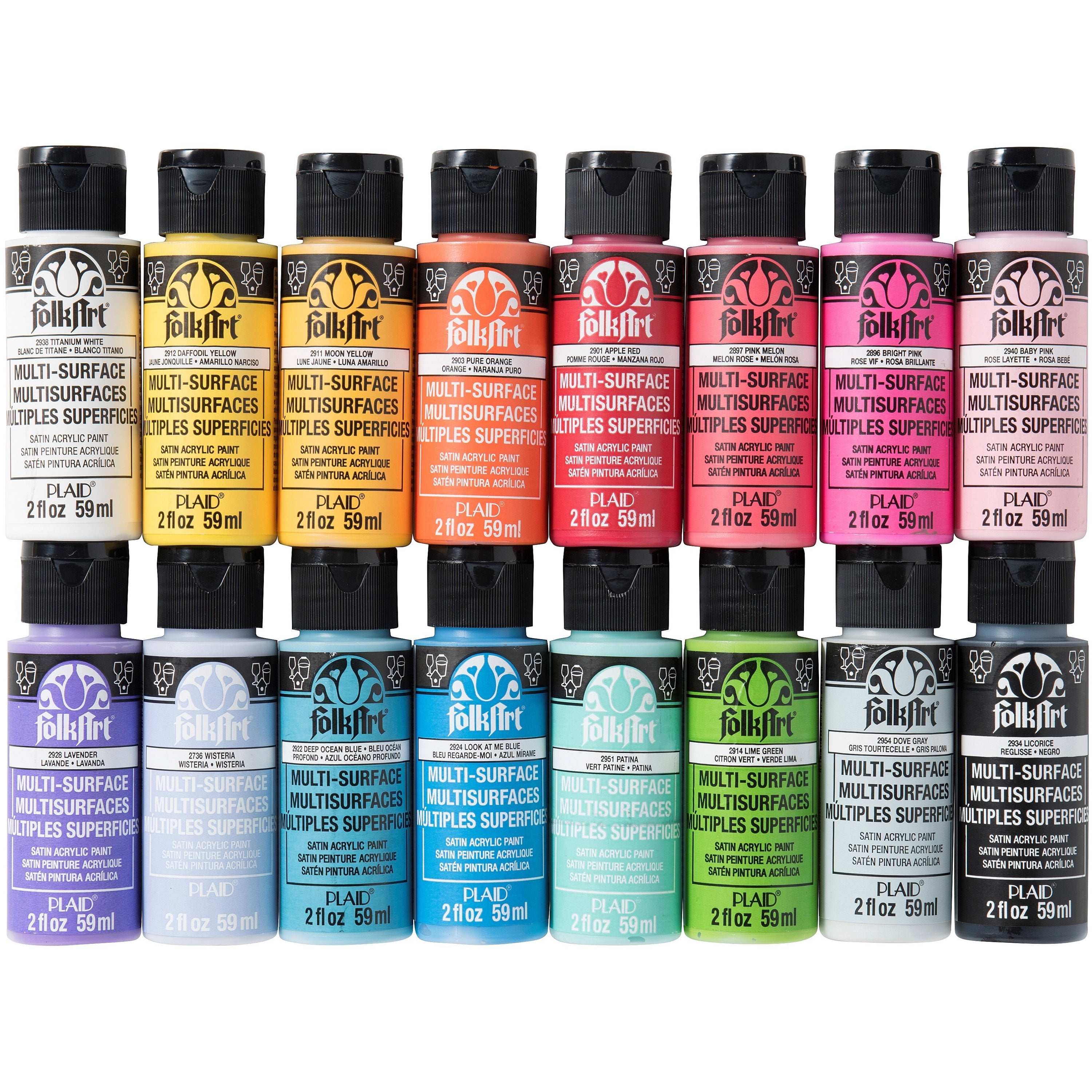 FolkArt Multi-Surface Satin Acrylic Craft Paint Set, Brights, 16 Colors ...