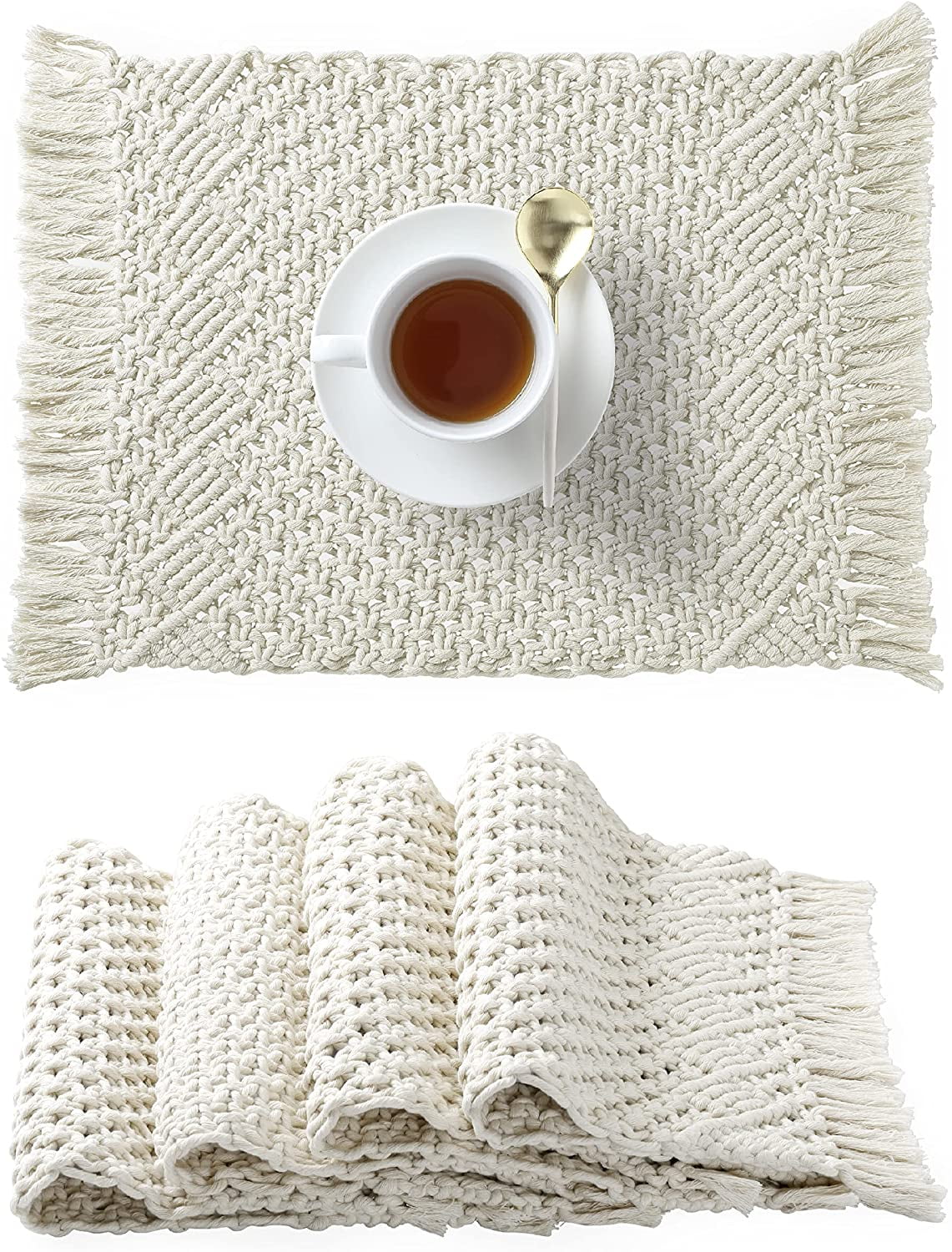 Folkulture Cotton Macrame Placemats Set of 4, 12x18 Inches, Rustic Boho ...