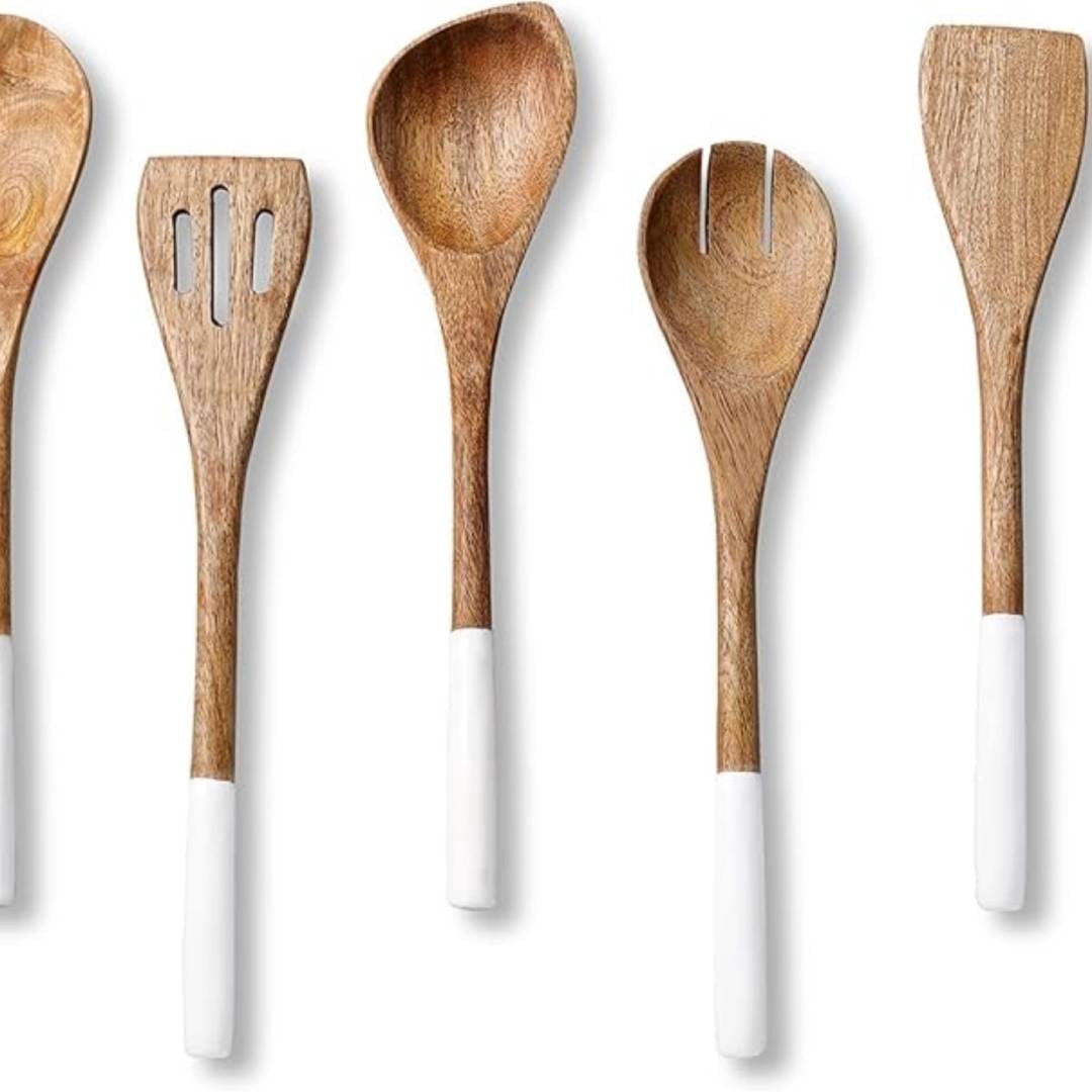 OFEFE 12 Inch Acacia Wooden Utensil Set of 5 - Premium Non Stick Wooden ...