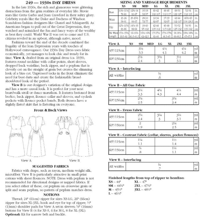 Folkwear 1930's Day Dress Misses #249 Ladies Depression Era Frock Dress ...