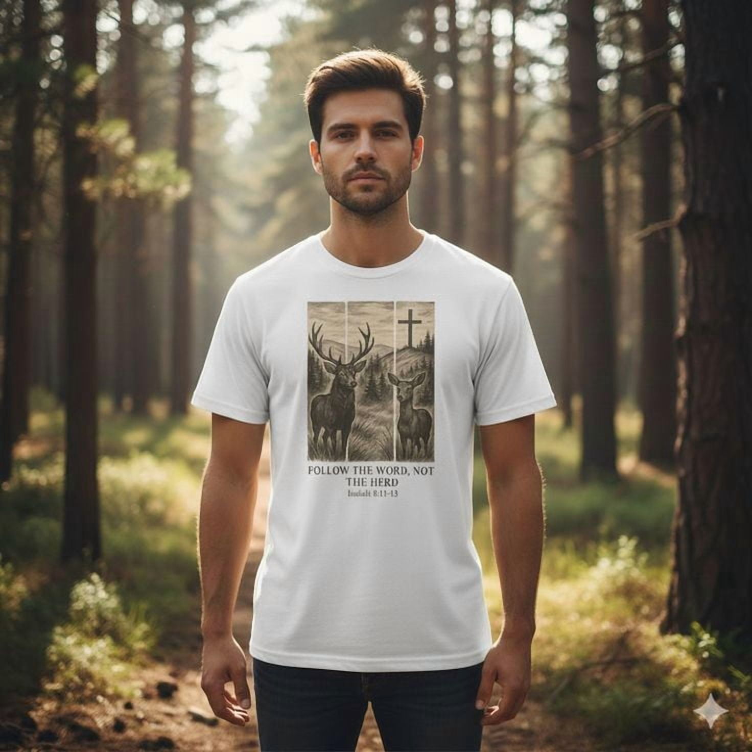 Follow the Word Not the Herd Christian T-Shirt, Deer Cross Faith Design ...