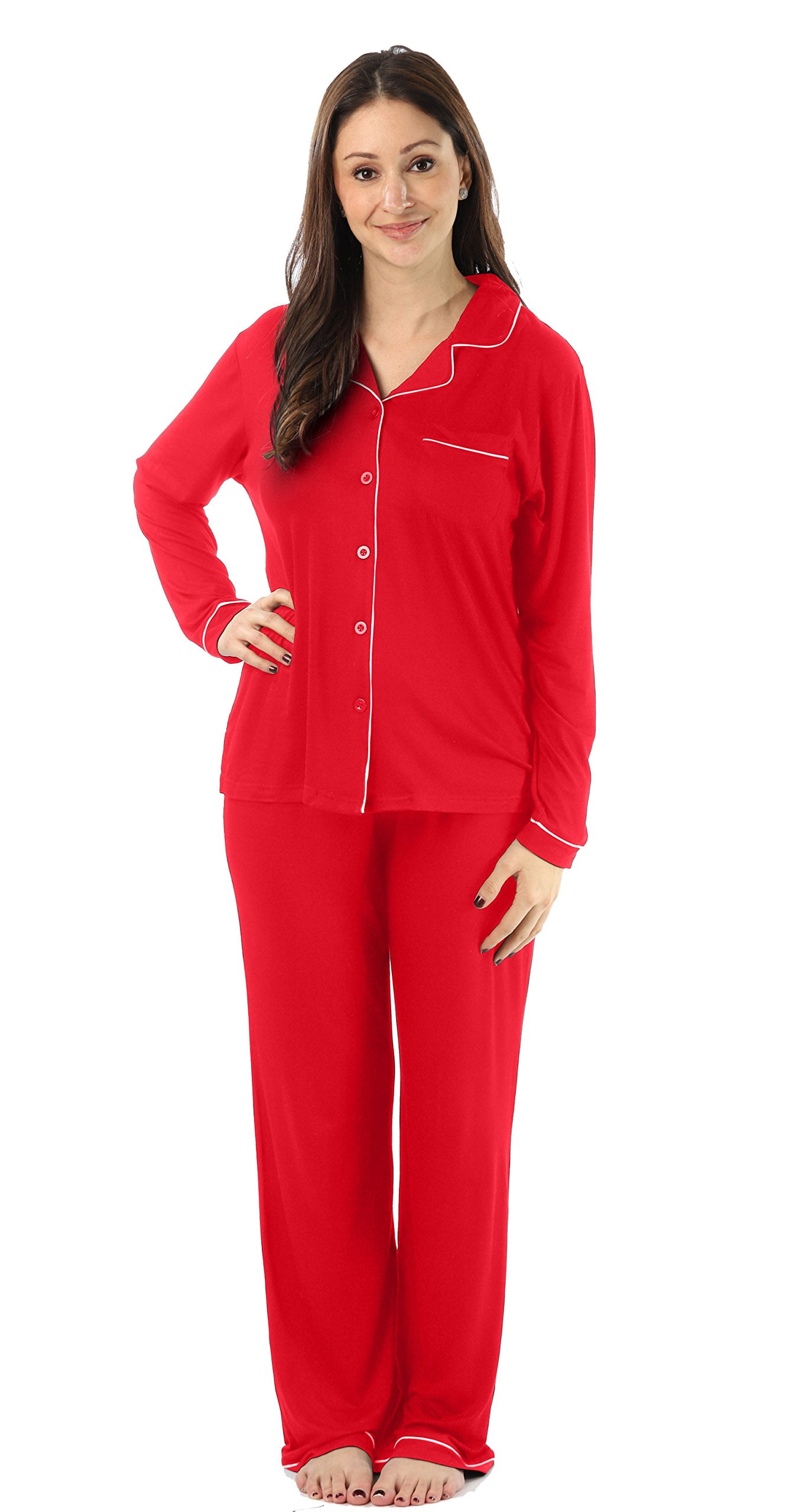 #FollowMe Button Down Pajama Pant Set with Notch Collar (Red / Cream ...