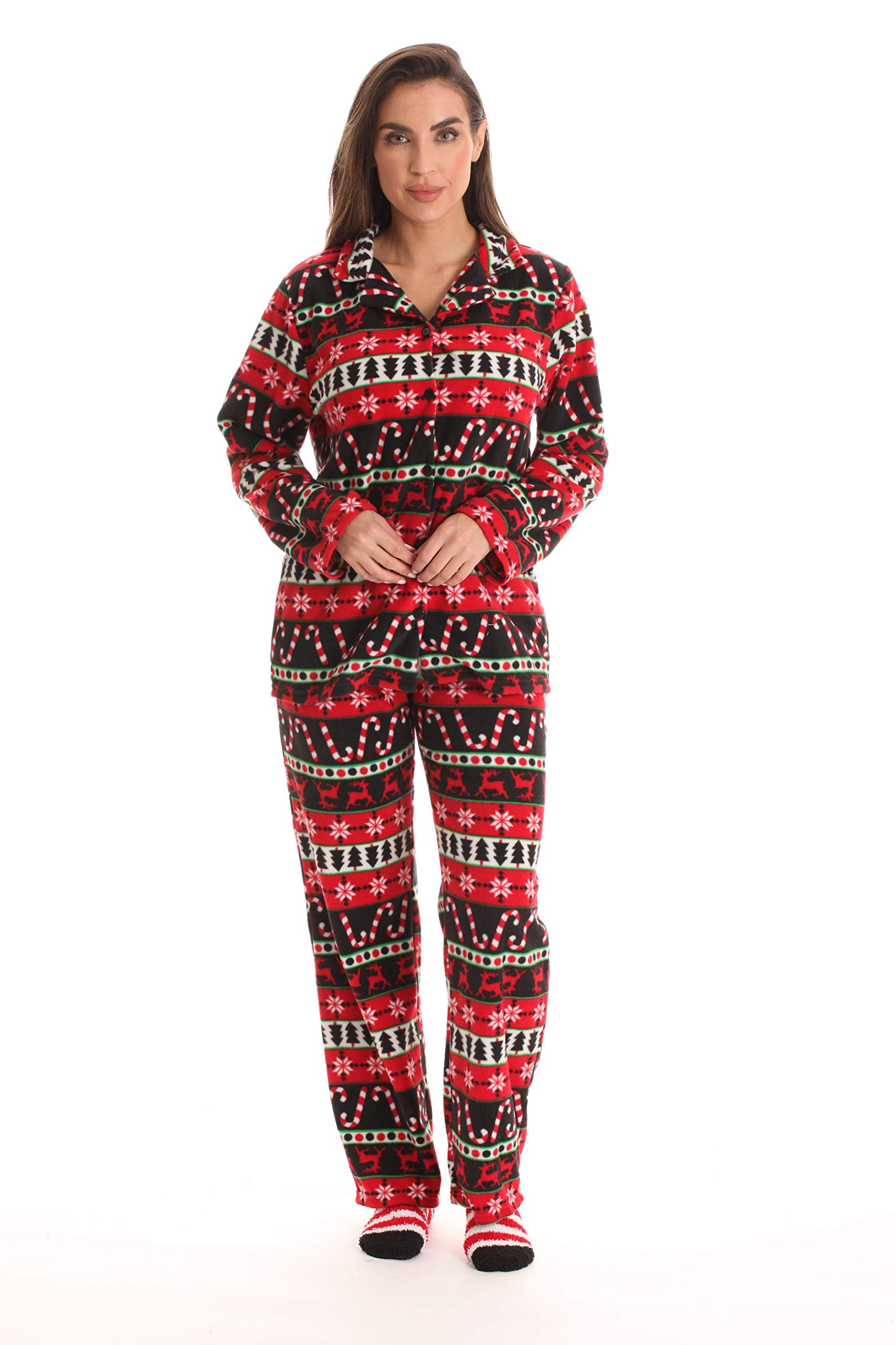 #FollowMe Printed Microfleece Button-Front PJ Pant Set with Socks Soft ...