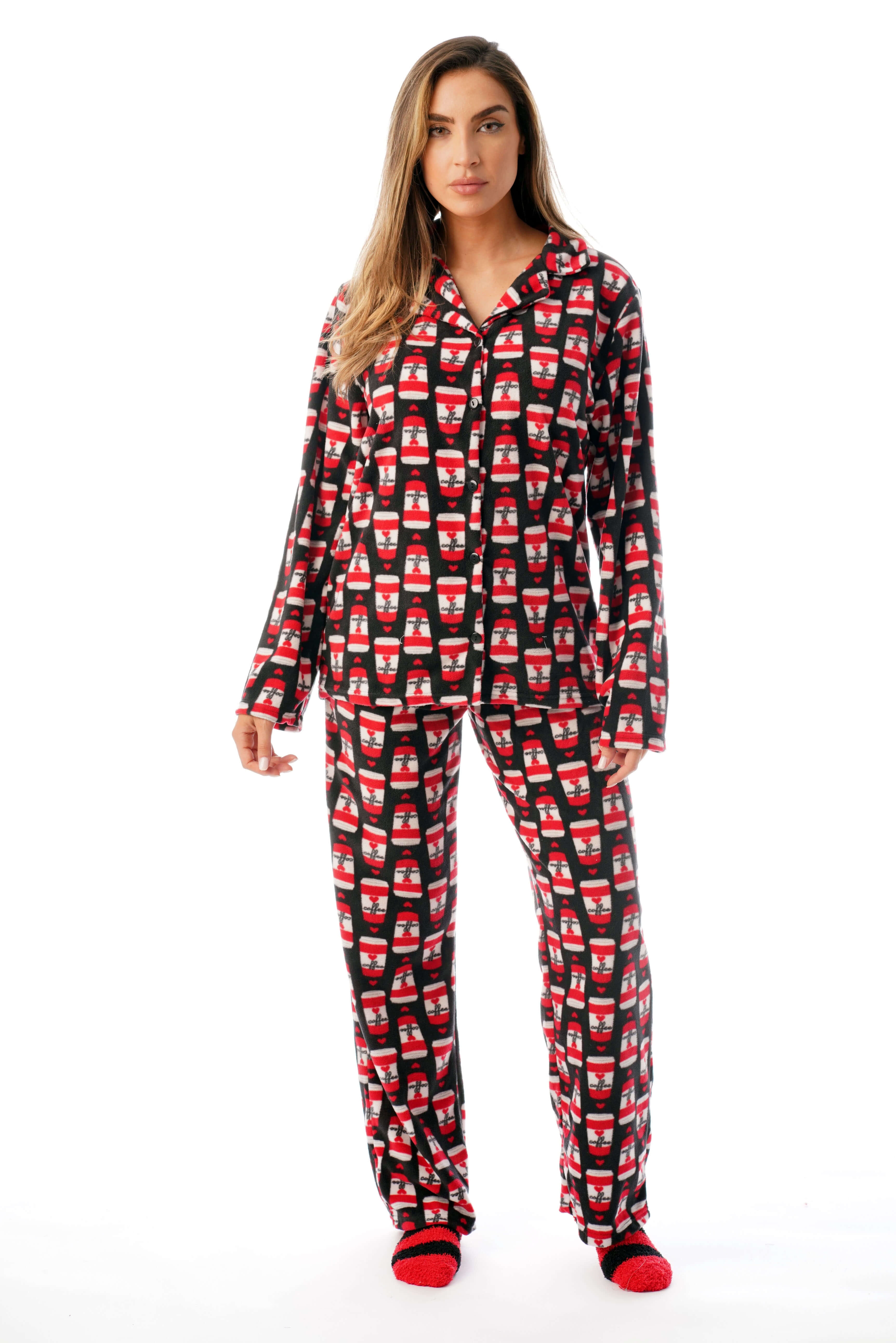 #FollowMe Printed Microfleece Button-Front PJ Pant Set with Socks Soft ...