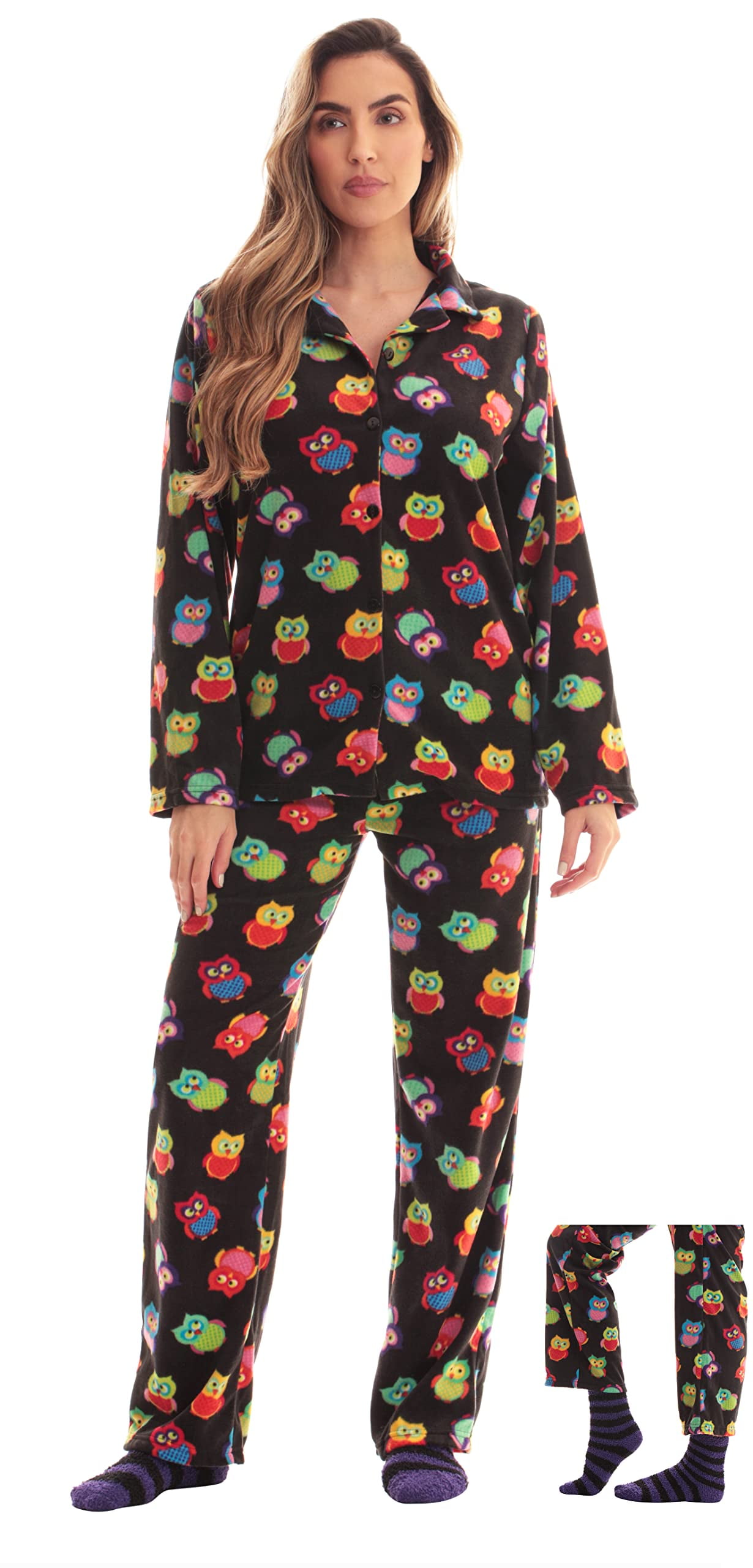 #FollowMe Printed Microfleece Button-Front PJ Pant Set with Socks Soft ...