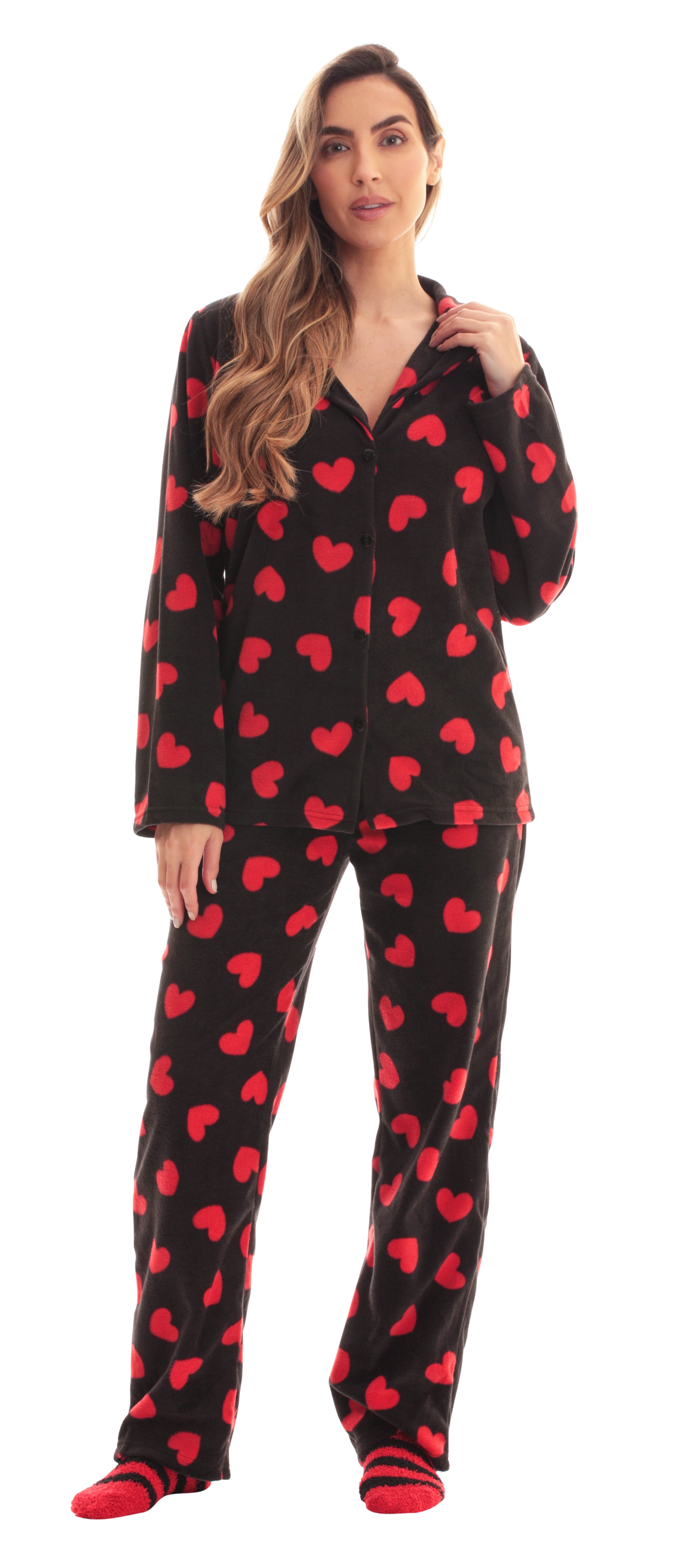 #FollowMe Printed Microfleece Button-Front PJ Pant Set with Socks Soft ...
