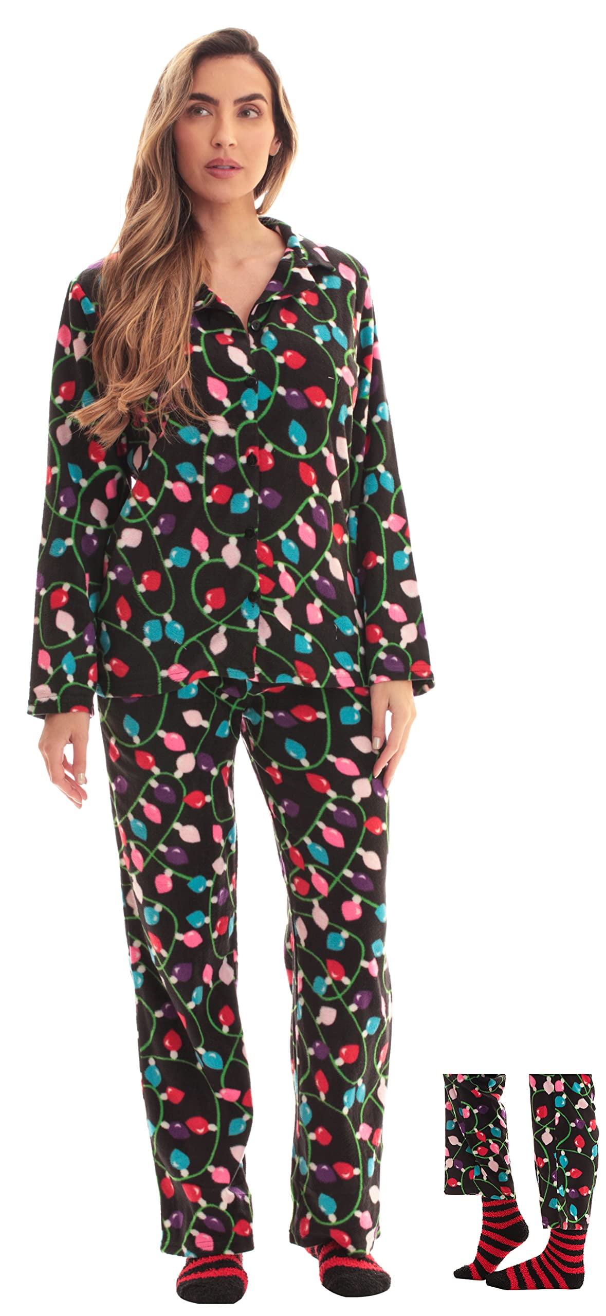 #FollowMe Printed Microfleece Button-Front PJ Pant Set with Socks Soft ...