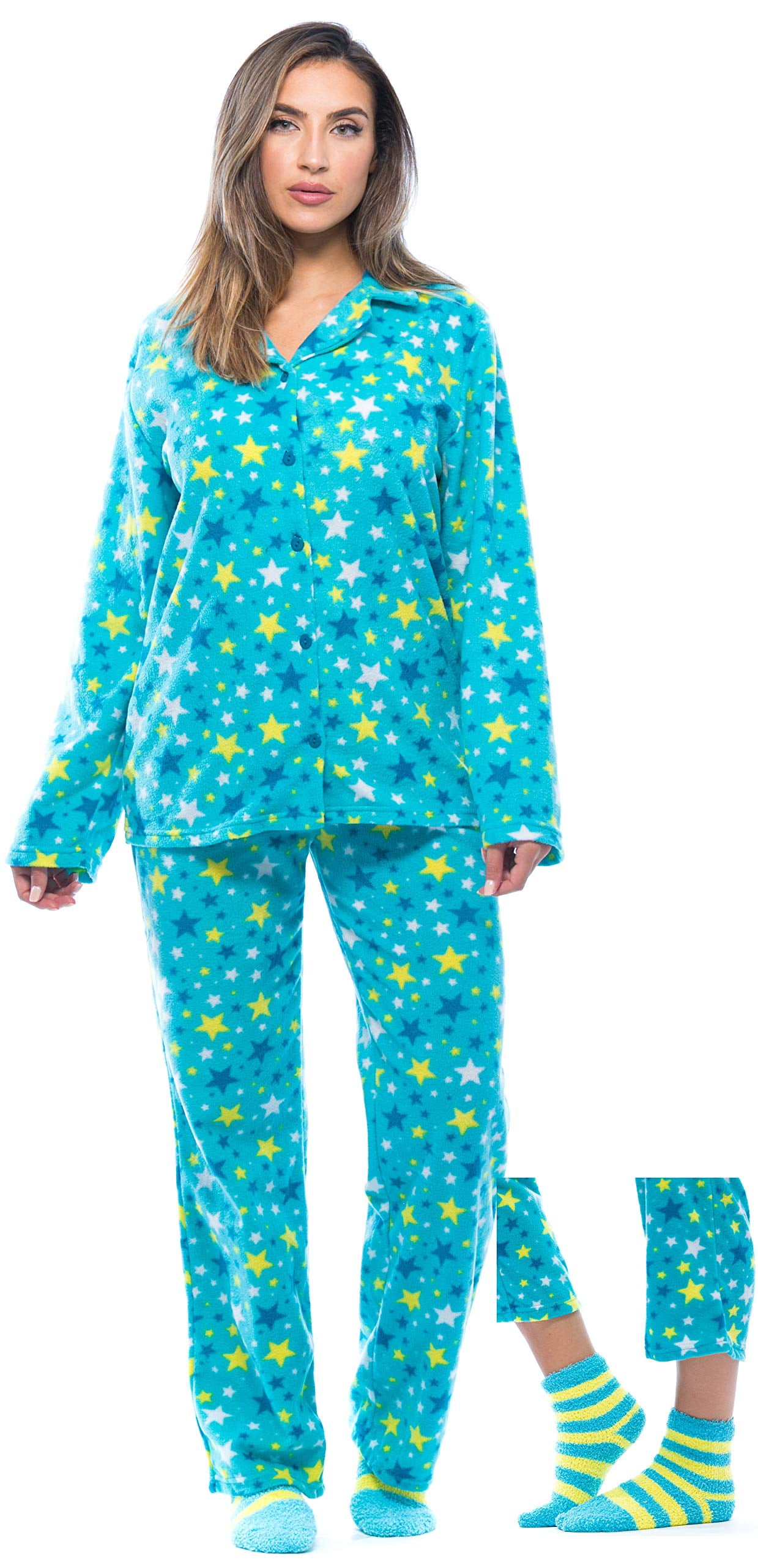#FollowMe Printed Microfleece Button-Front PJ Pant Set with Socks Soft ...