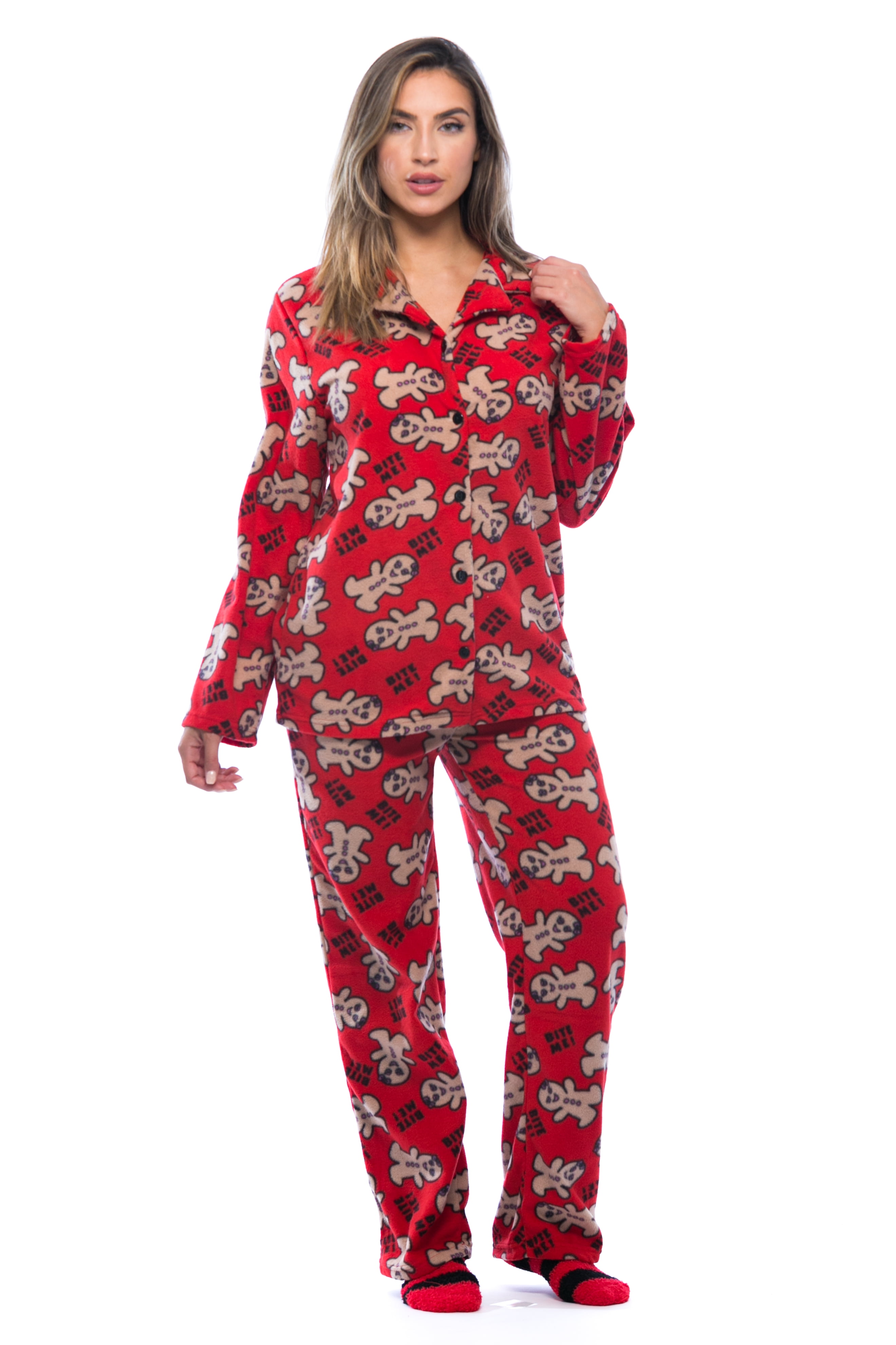 #FollowMe Printed Microfleece Button-Front PJ Pant Set with Socks Soft ...