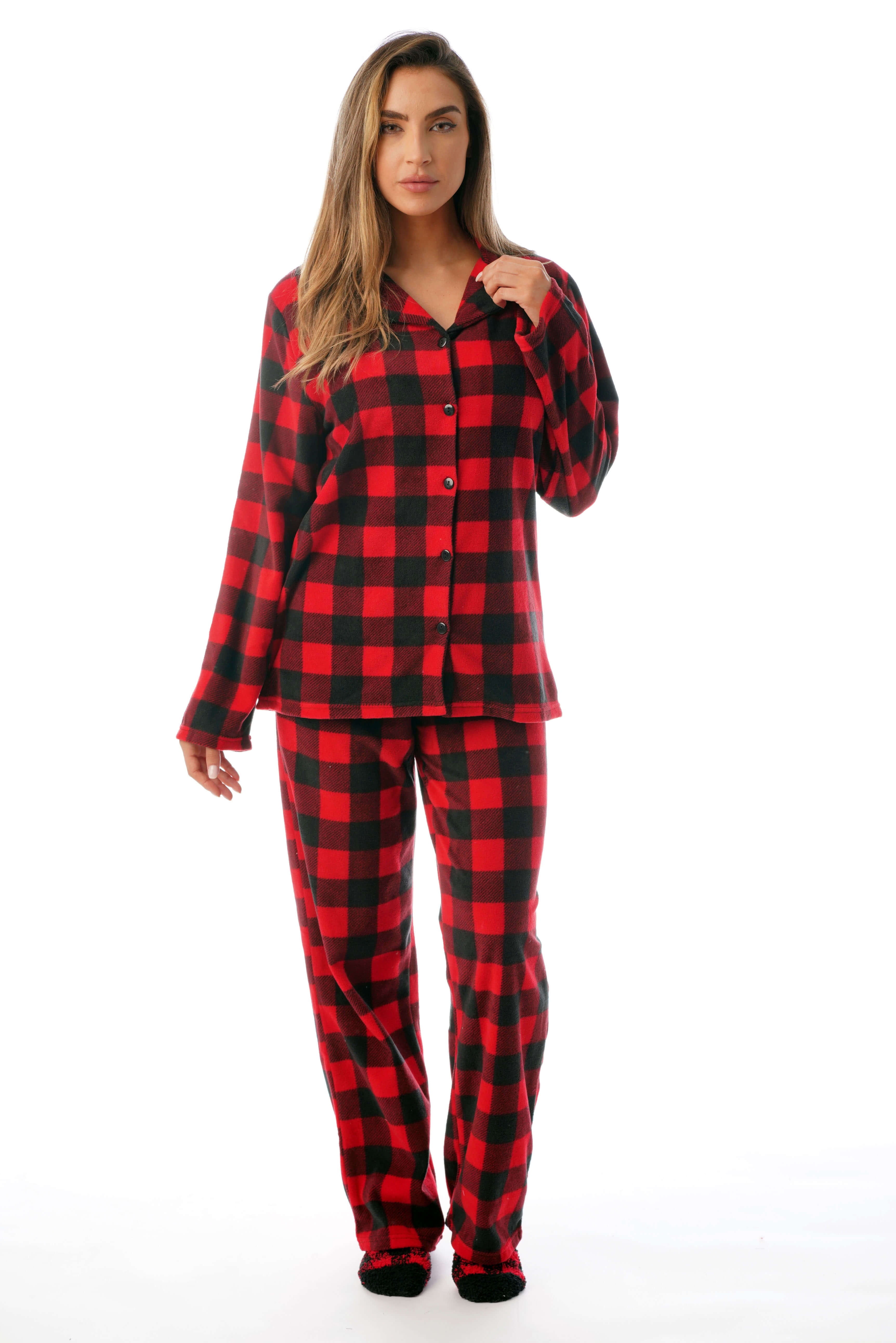 #FollowMe Printed Microfleece Button-Front PJ Pant Set with Socks Soft ...