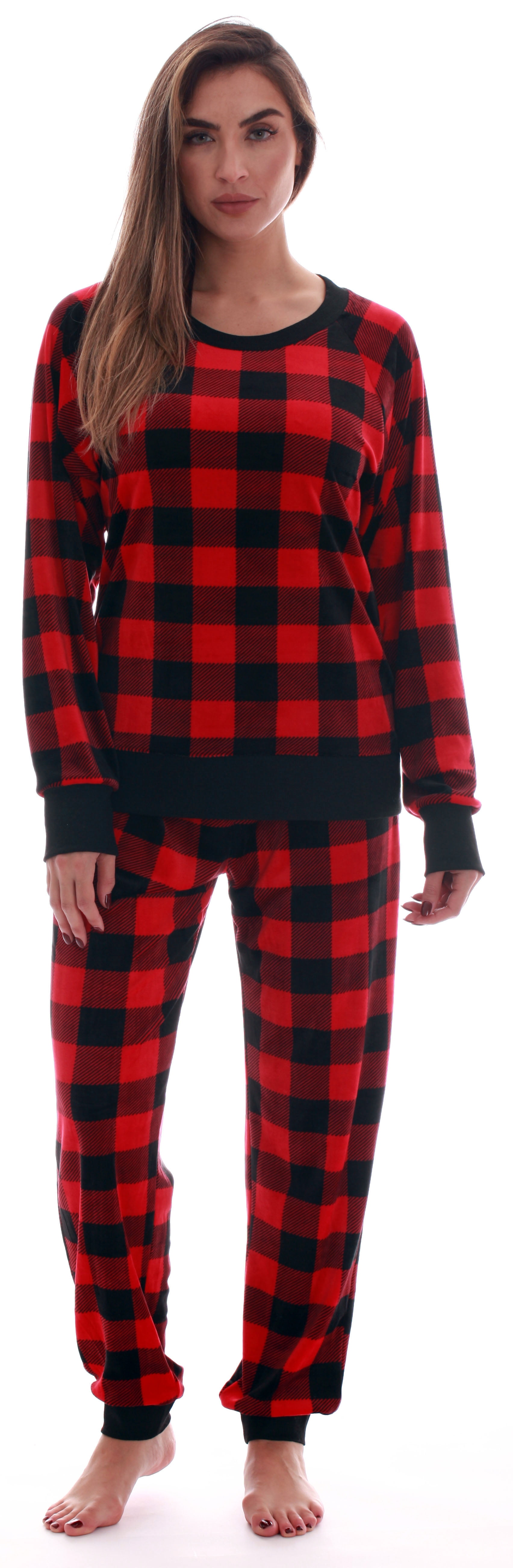 Followme Women's Ultra-Soft Velour Jogger Pajama Pants Set, Red Black ...