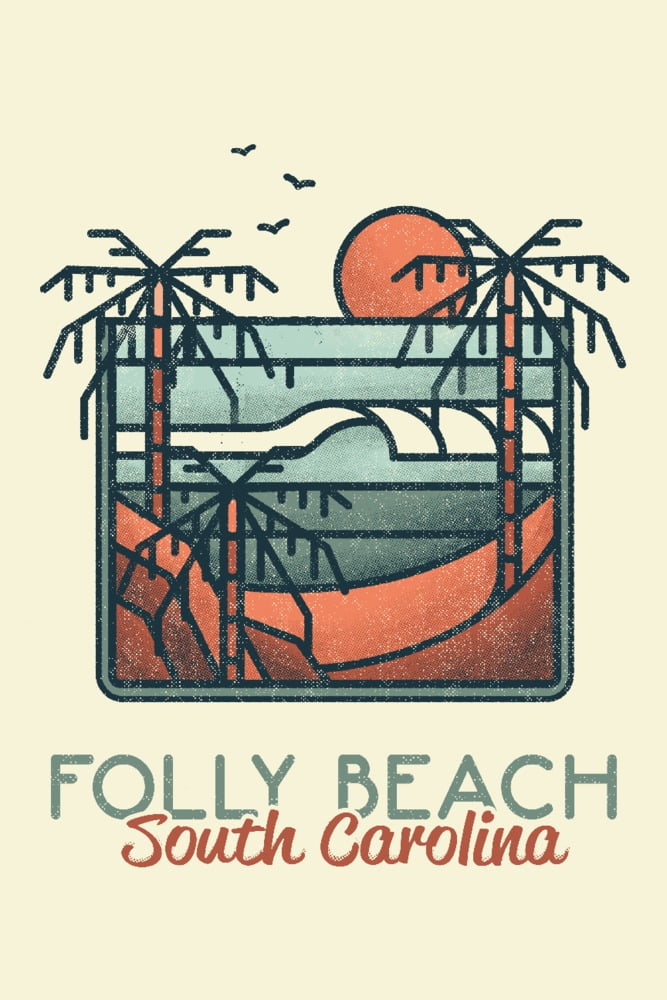 Folly Beach, South Carolina, Palm Trees and Beach Scene, Block Lines ...