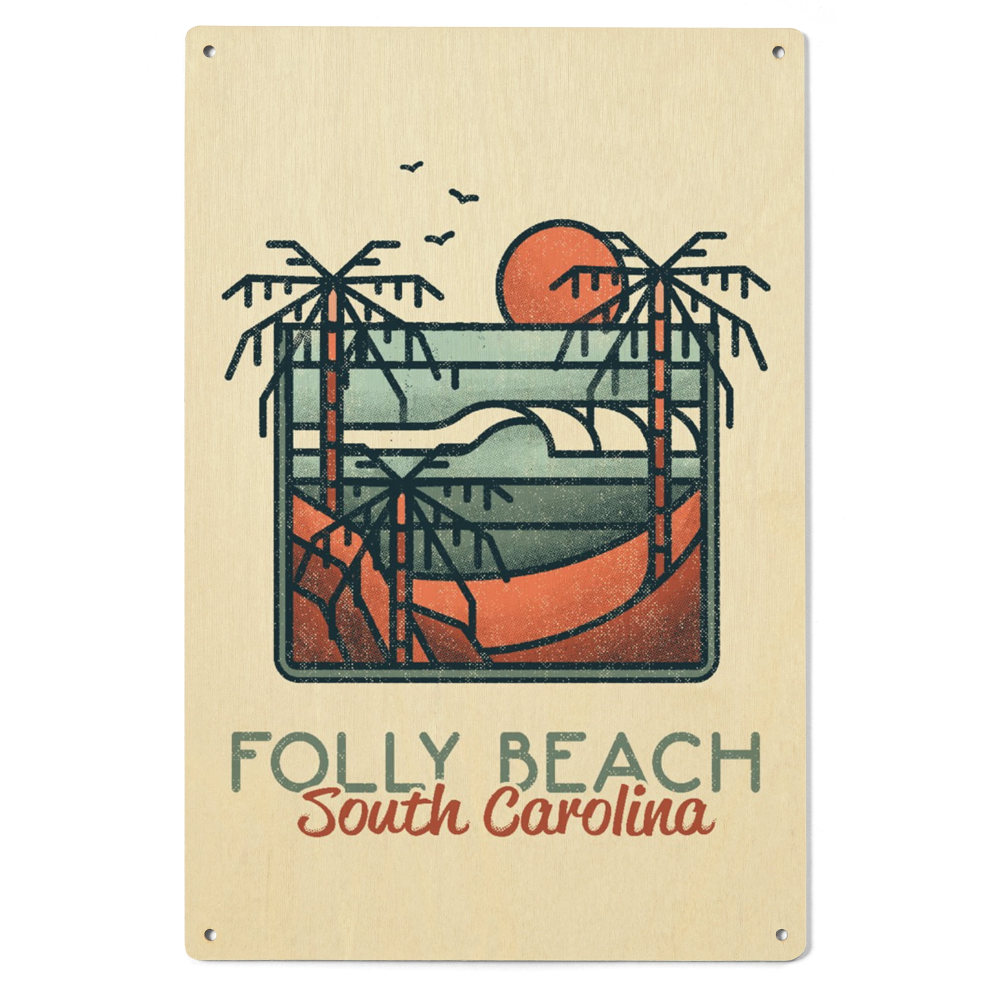 Folly Beach, South Carolina, Palm Trees and Beach Scene, Block Lines ...