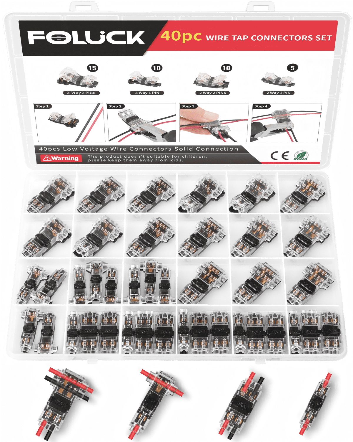 Foluck 40pc Low Voltage Wire Connectors Set, T Tap 3 Way 2 Pins 1 Pin ...