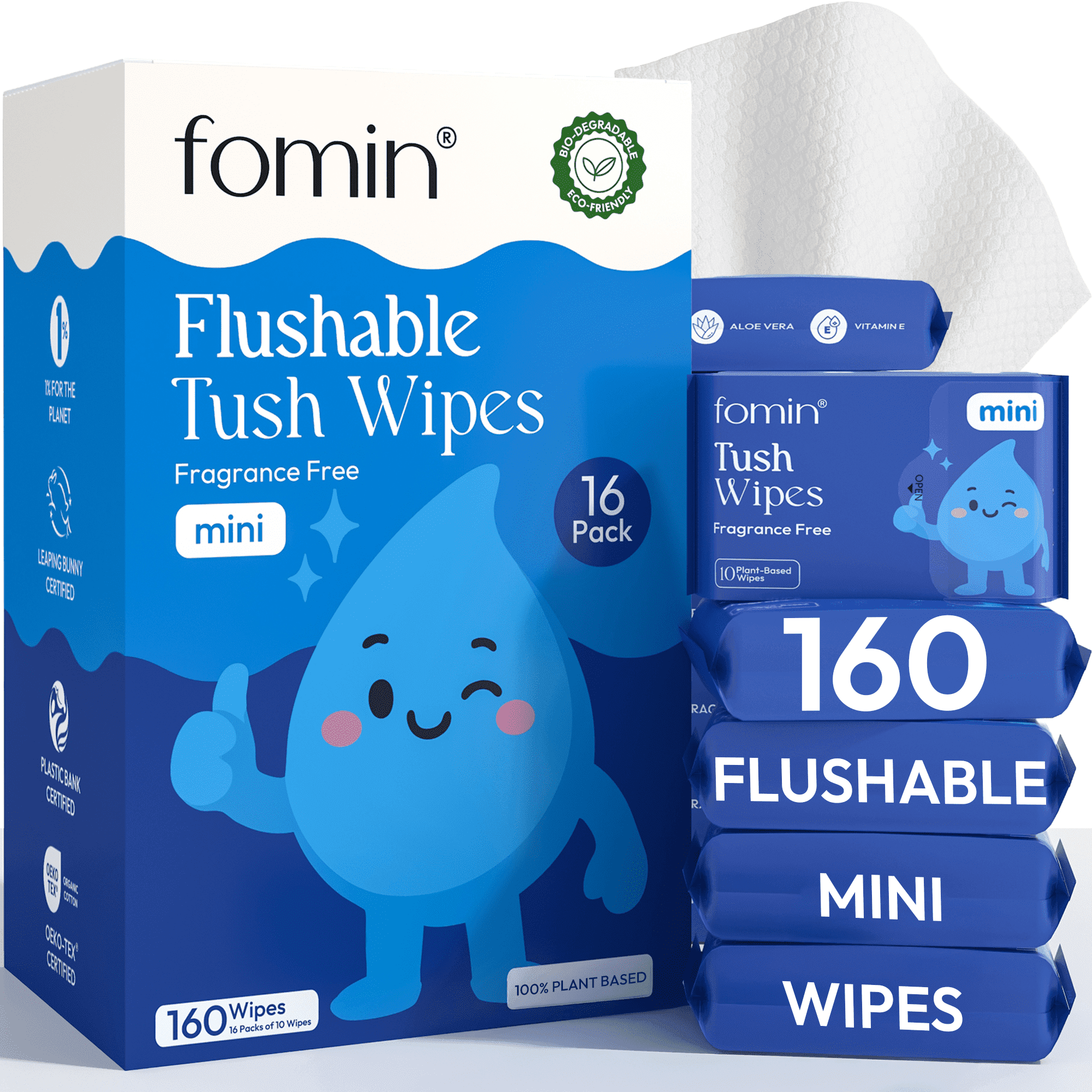 Fomin Mini Flushable Wipes 16 Pack (10 Count) - Fragrance Free Travel ...