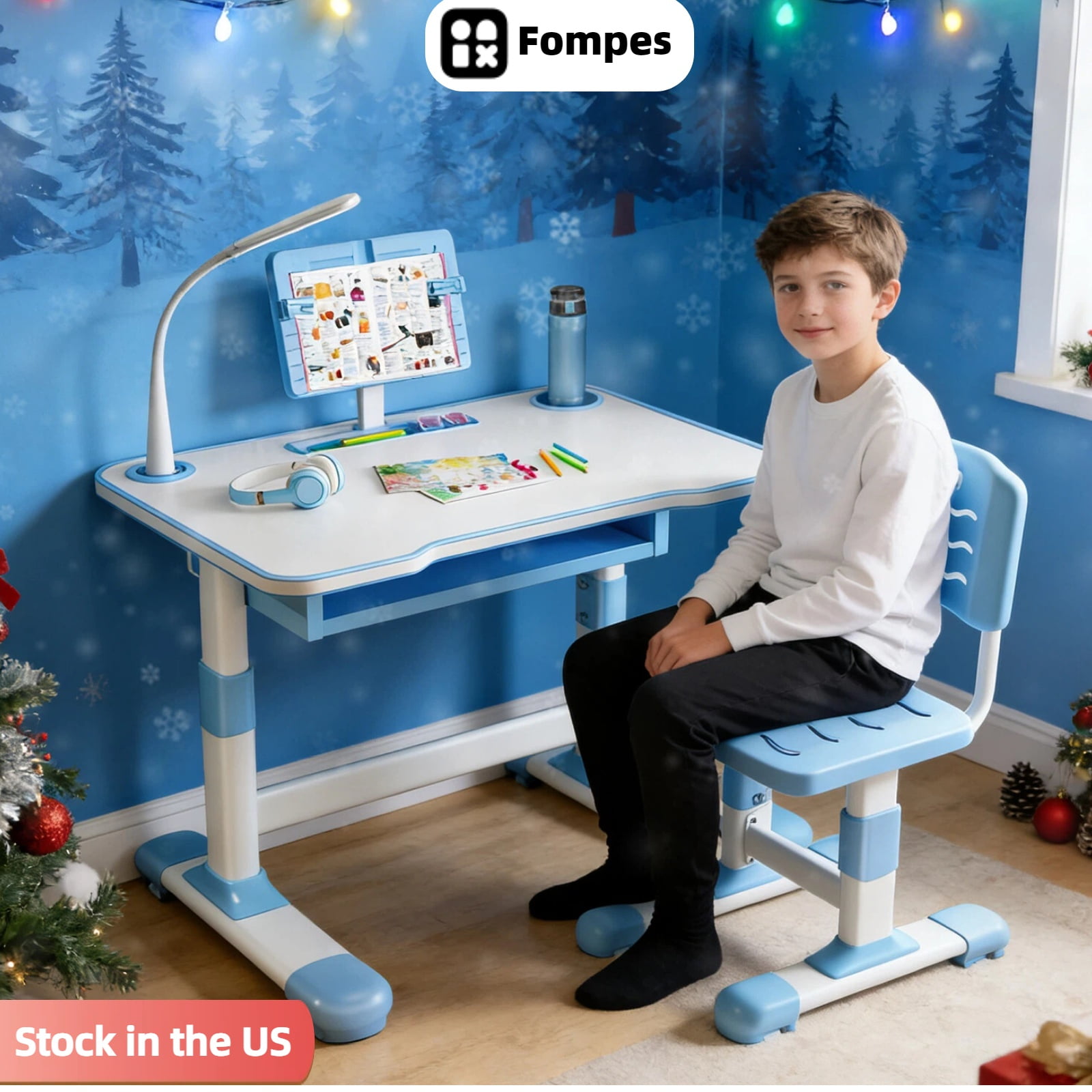 Fompes Desk and Chair Set, Ergonomic Height Adjustable School Study ...