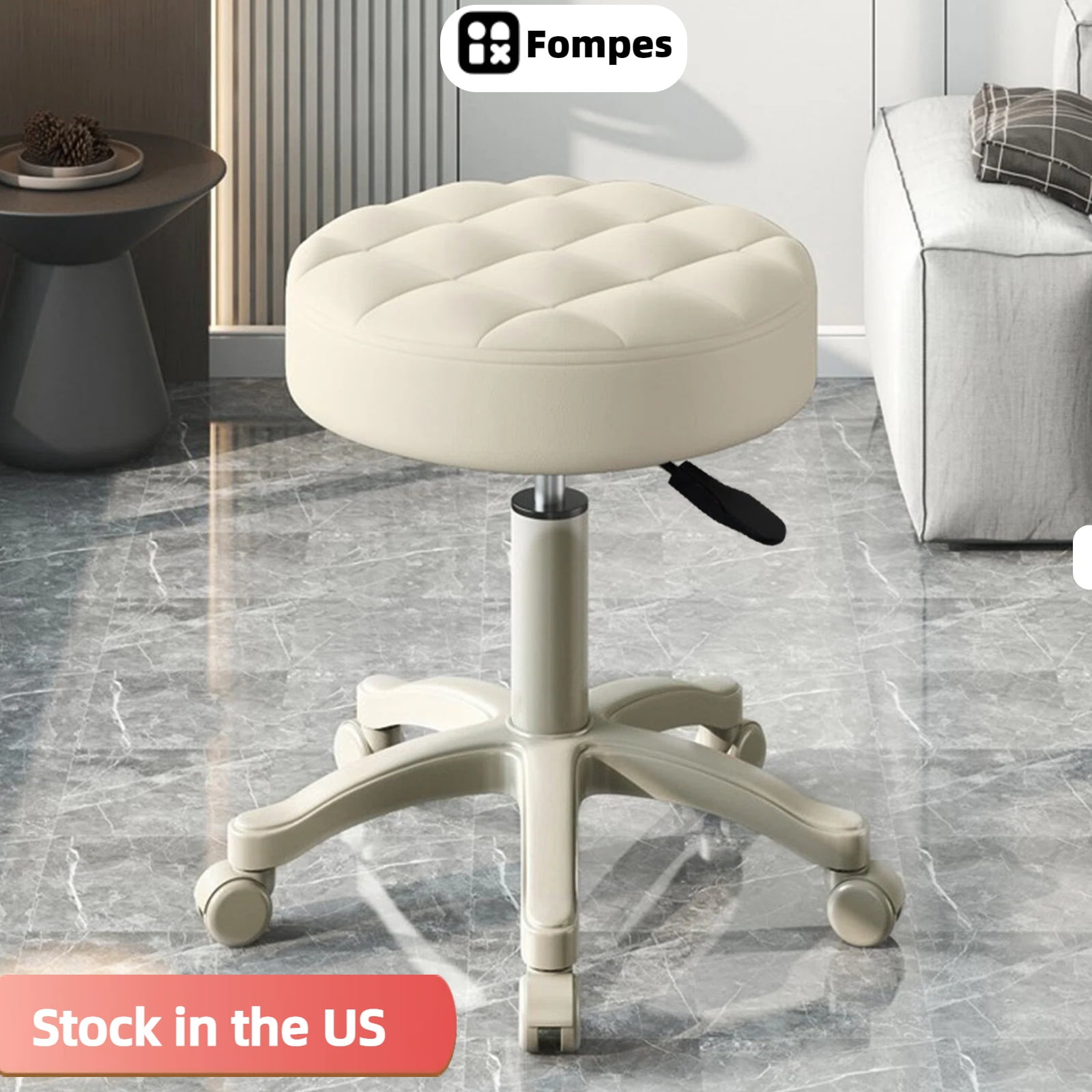 Fompes Round Rolling Stool Chair Faux Leather Height Adjustable Swivel ...