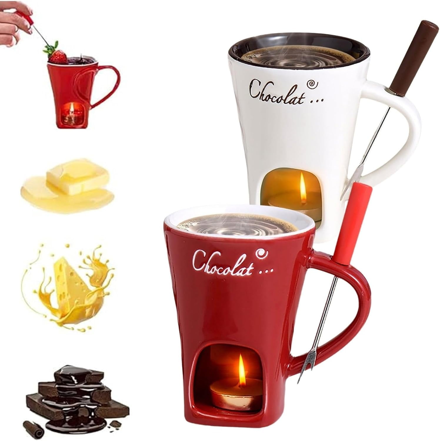 Fondue Cups Tealight, Chocolate Fondue Mug with Forks, Ceramic ...