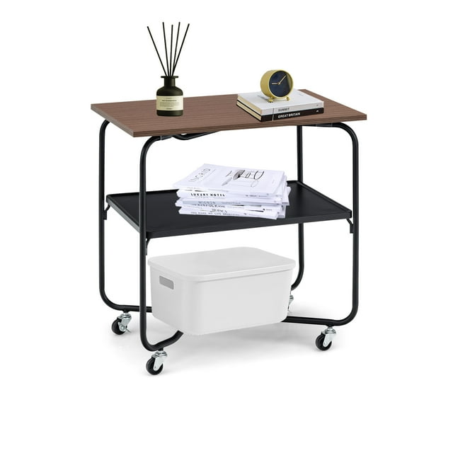 Fonirra 2-Tier End Table with Metal Storage Shelf, Lockable Casters and ...