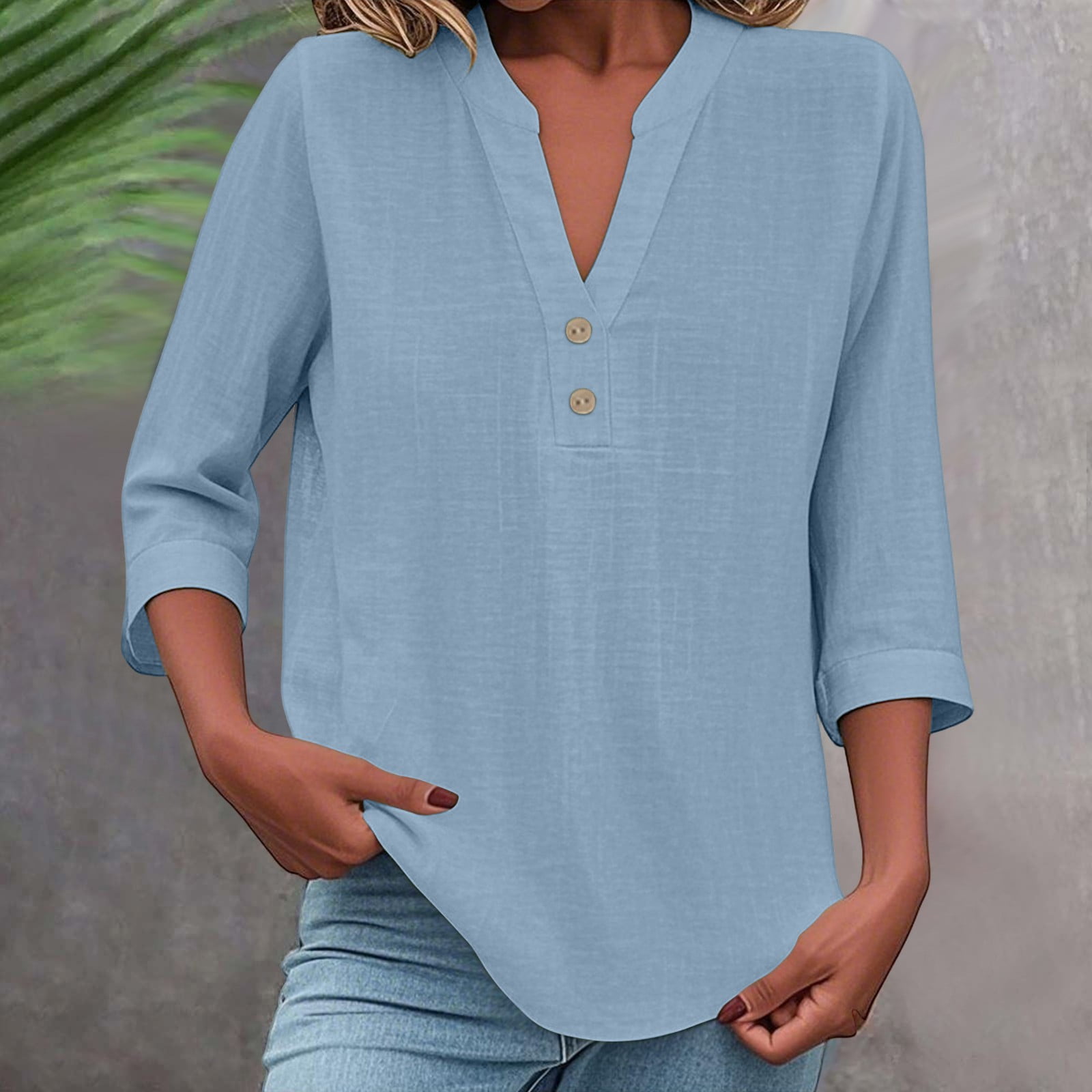 Fonma Cotton Linen Tops for Women Henley V Neck 3/4 Sleeve Tops for Women Plus Size Womens ...