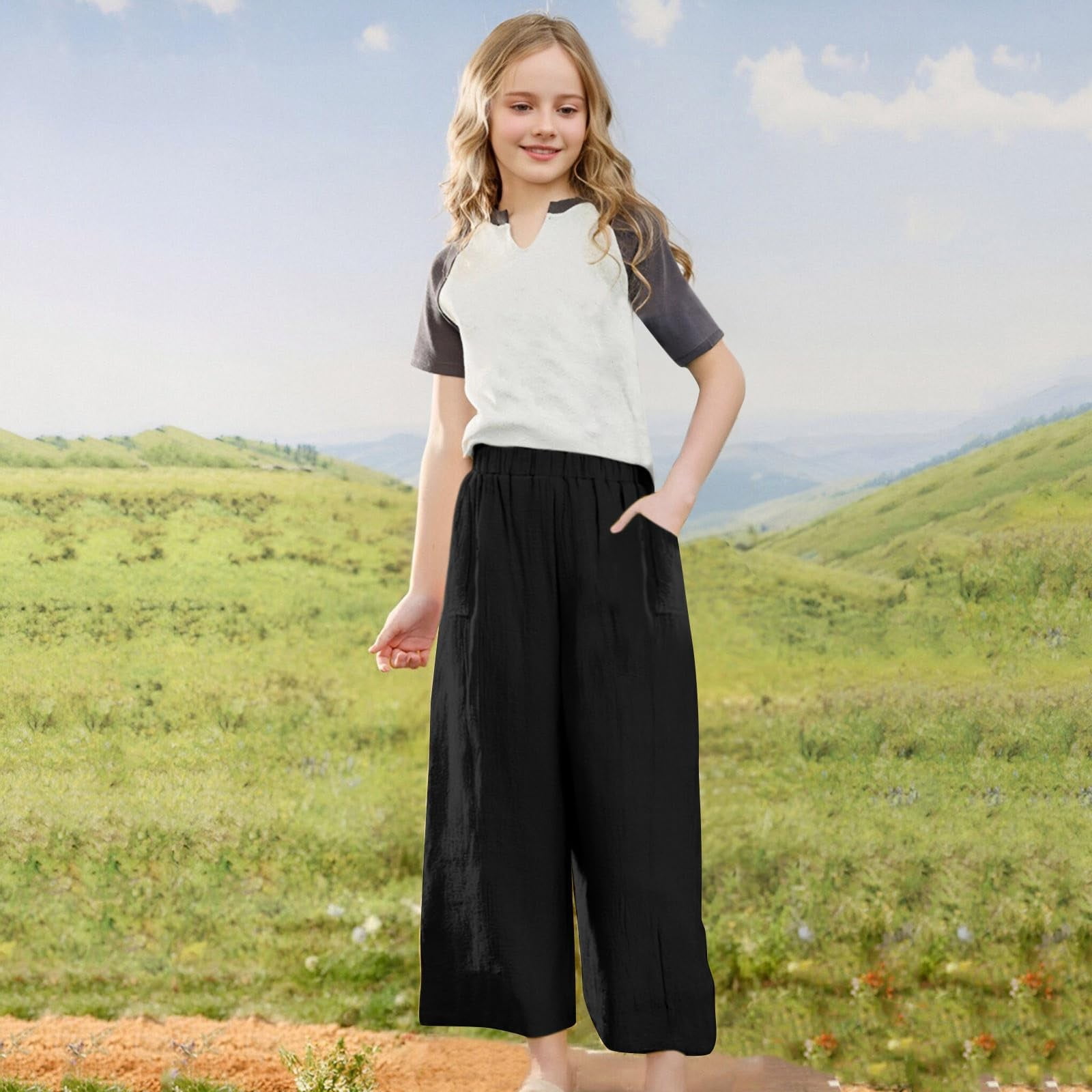 Fonma Girl Summer Linen Beach Flowy Pants Lightweight Wide Leg Vacation ...