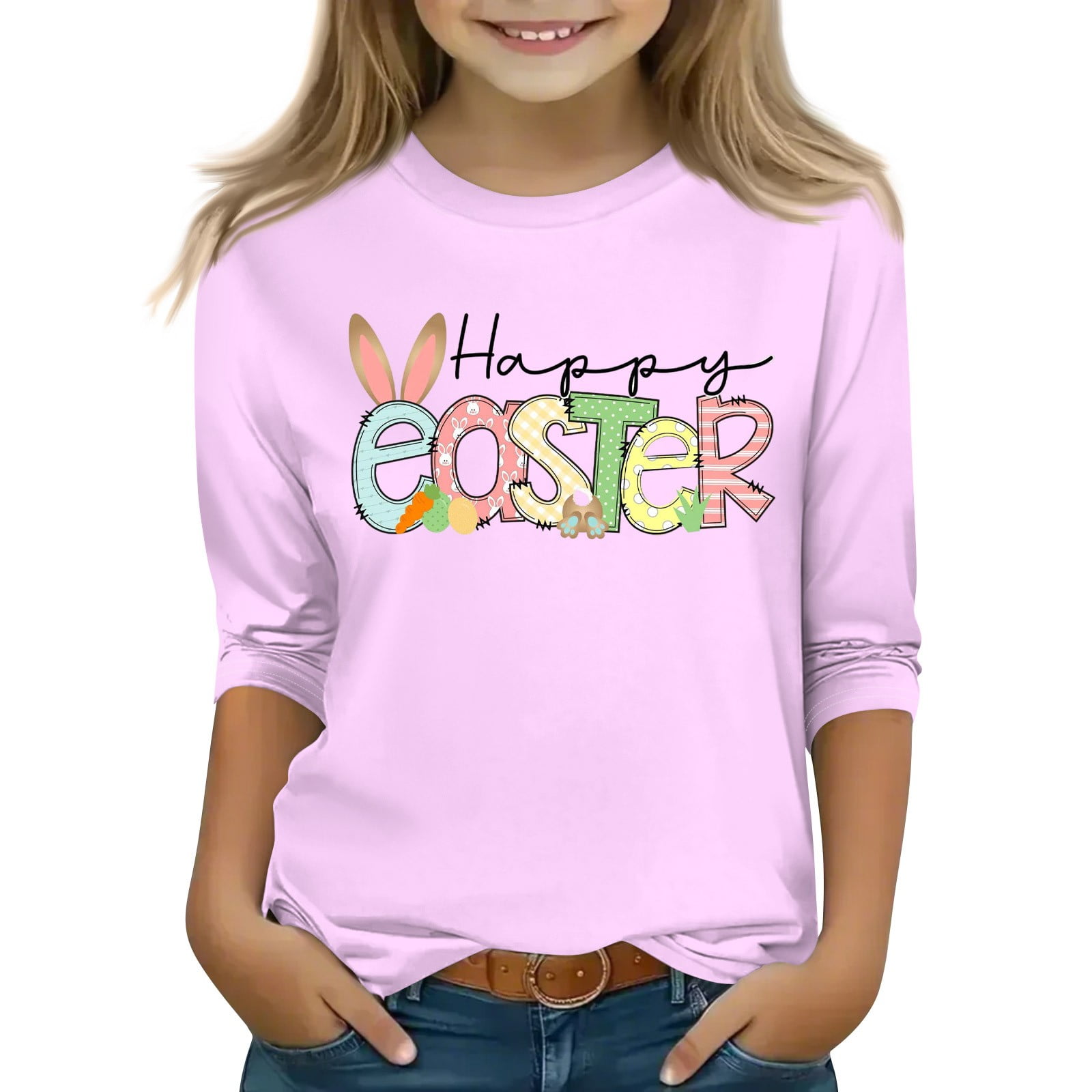 Fonma Girls Easter Shirt Egg Bunny Round Neck 3/4 Sleeve Spring and ...
