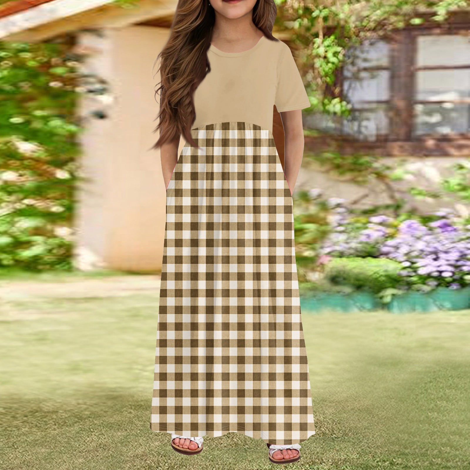Fonma Girls Maxi Dress Kids Buffalo Check Plaid Short Sleeve Casual ...