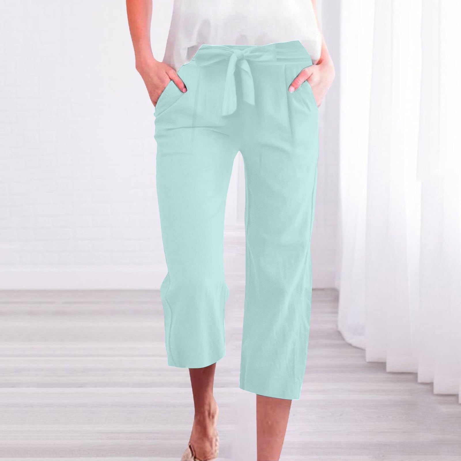 Fonma Linen Capri Pants for Women Summer Wide Leg Capris with Pockets ...