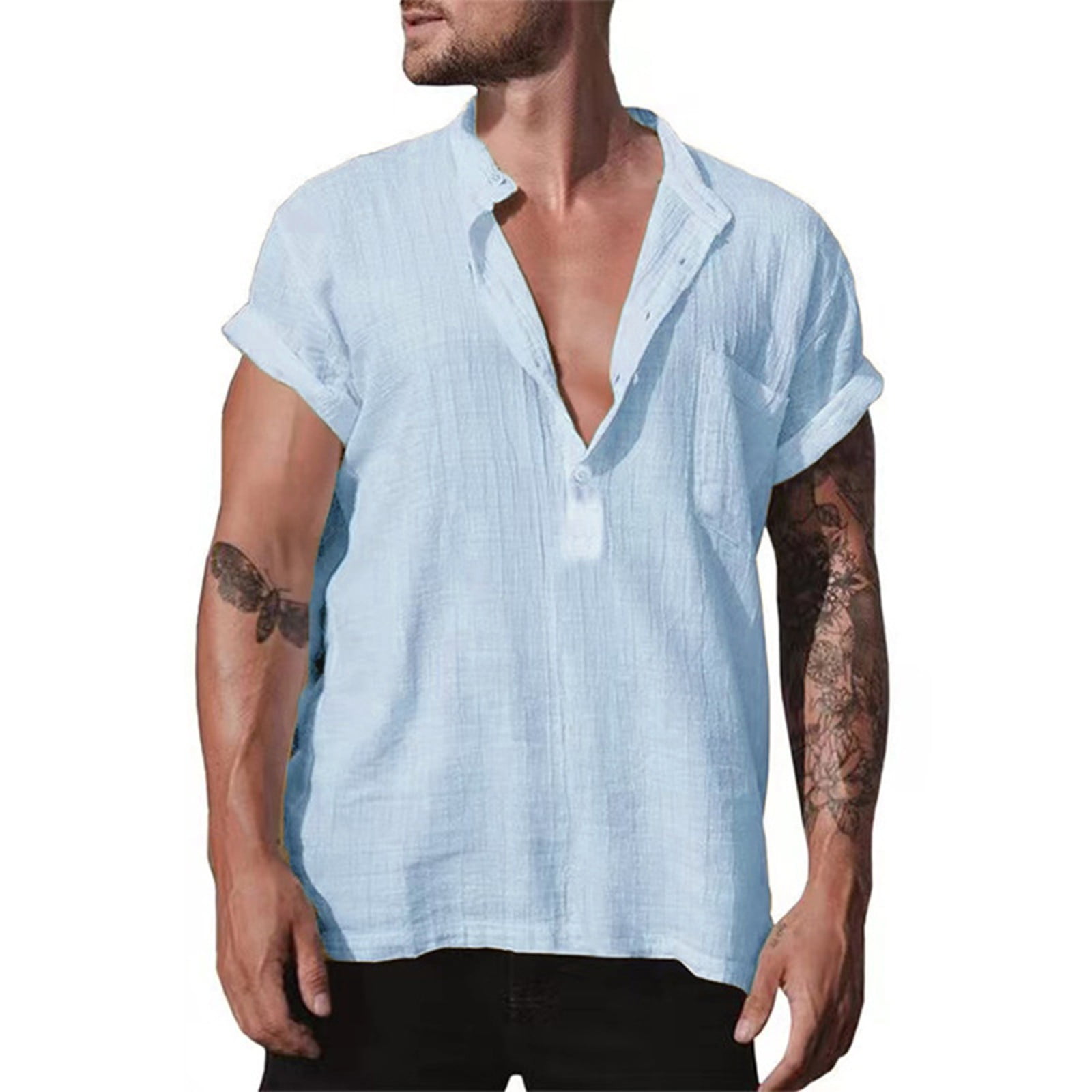 Fonma Mens Cotton Linen Henley Shirt Casual Button Down Short Sleeve Shirts Summer Beach T ...