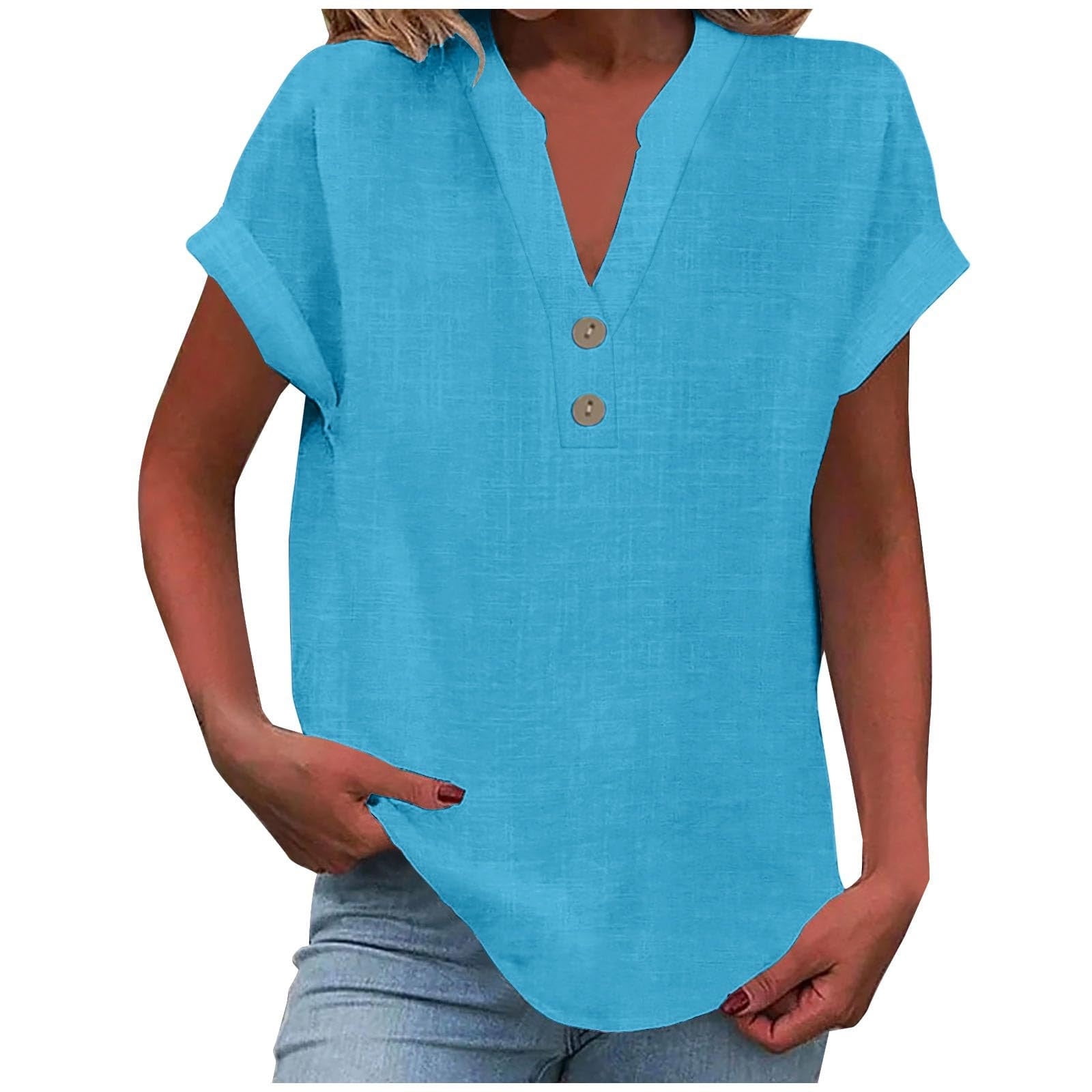 Fonma Spring Tops for Women Linen Button Down Basic Shirts Short Sleeve ...