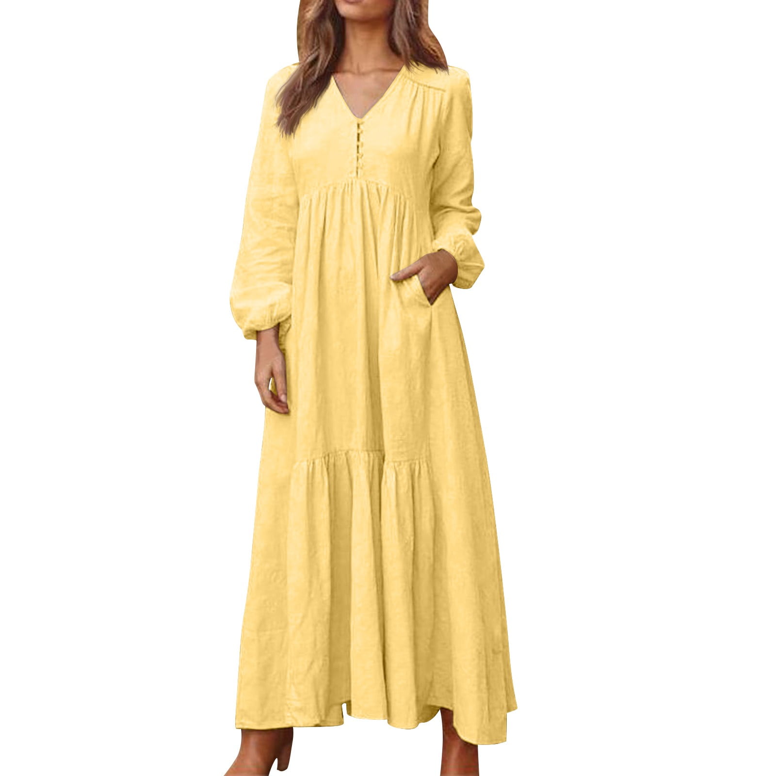 Fonma Women Long Sleeve Wrap Maxi Dress Cotton Linen Dress Tiered midi ...