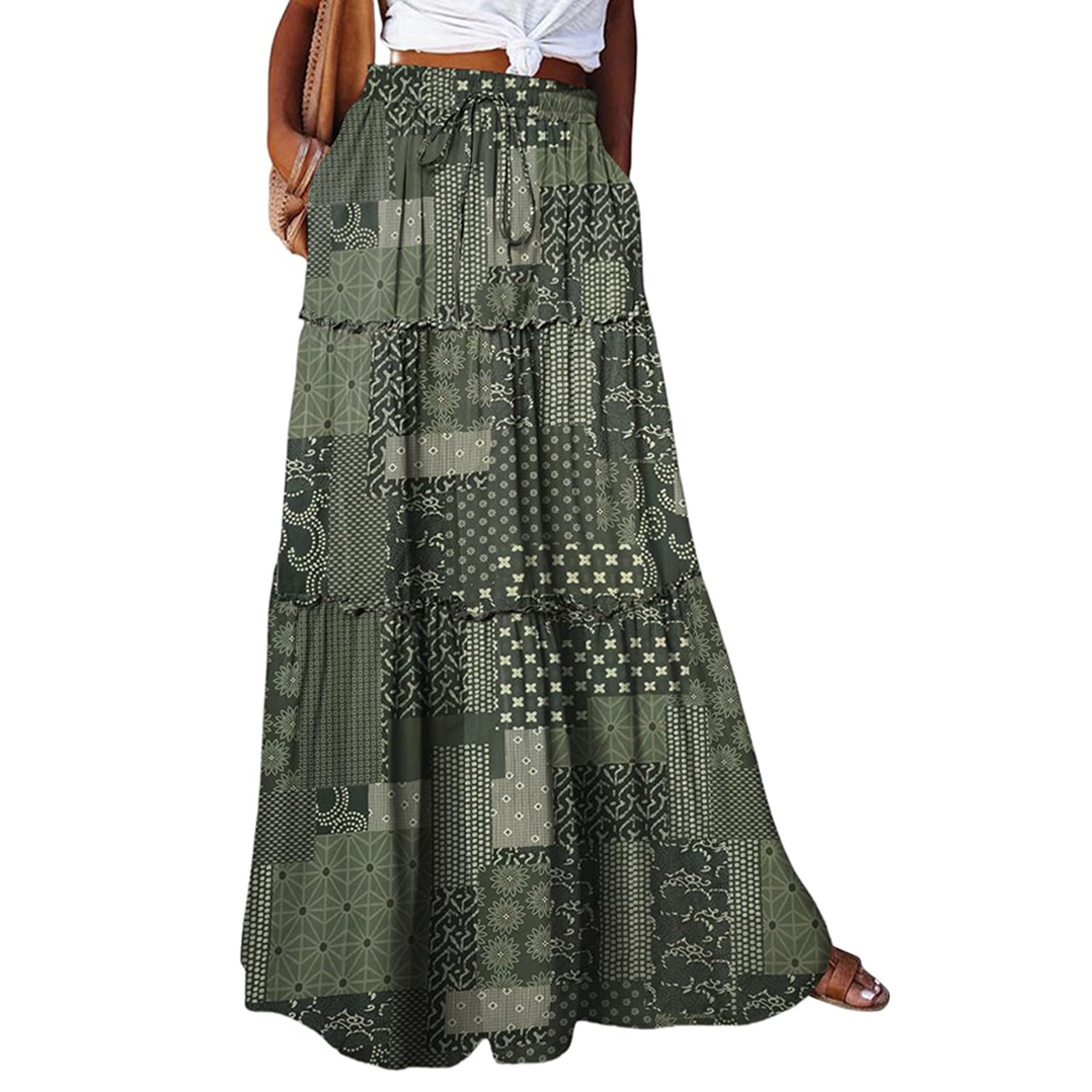 Fonma Womens Boho Floral Print Elastic High Waist Pleated A Line Maxi