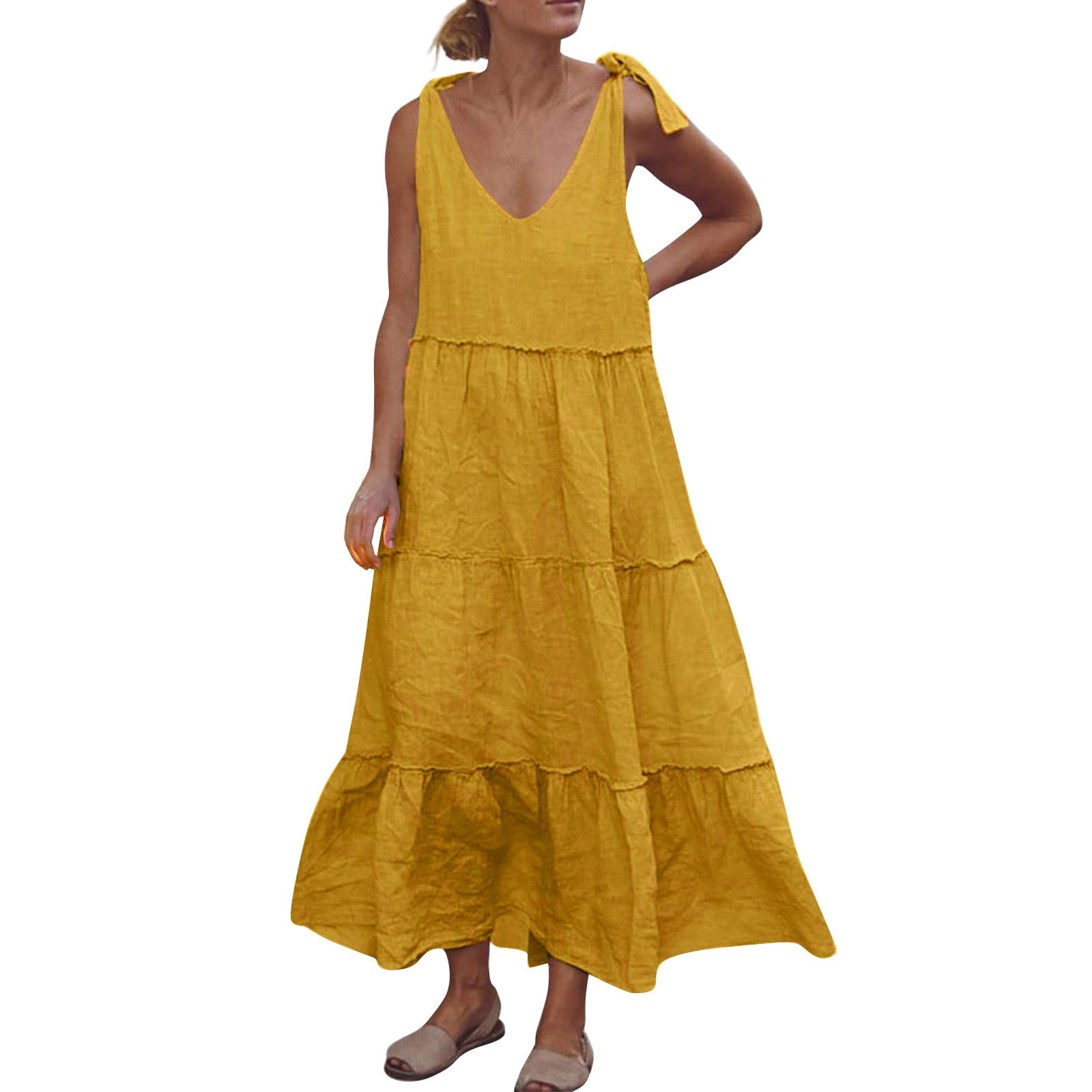 Fonma Women's Sleeveless Linen Dress Pleated Tiered Maxi Beach Vacation ...