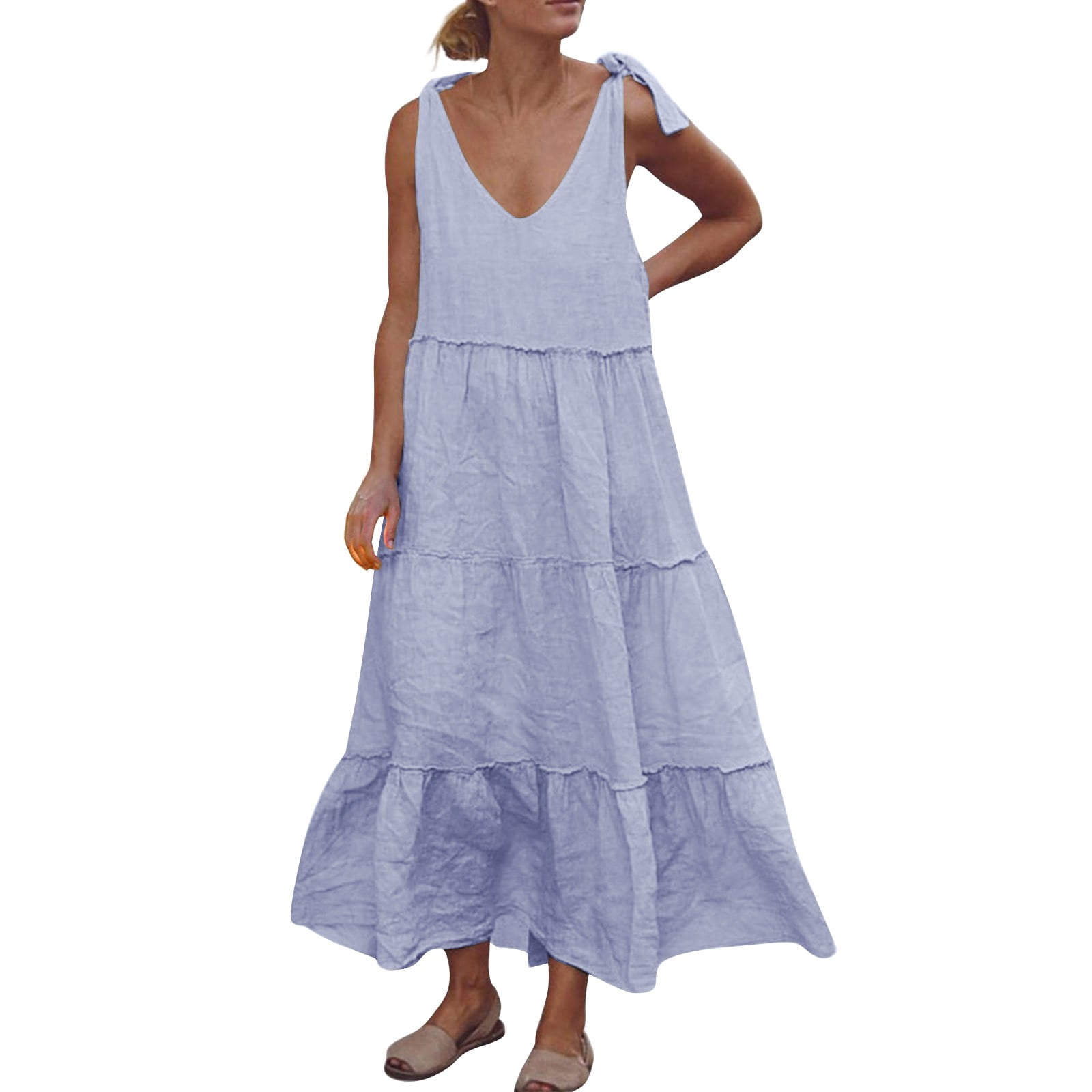 Fonma Women's Sleeveless V Neck Maxi Dress Summer Linen Dress Beach ...