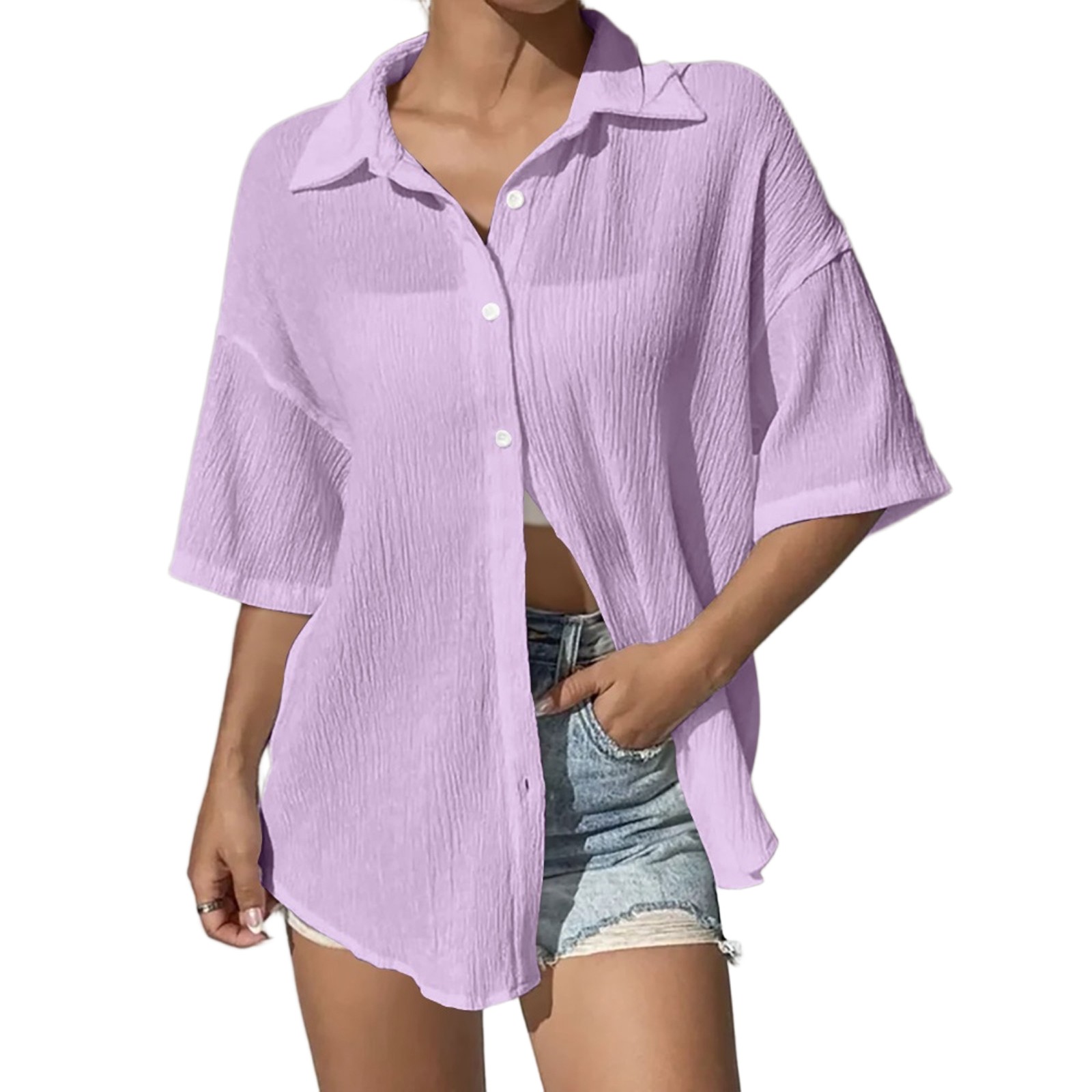 Fonma Womens Tops Solid Drop Shoulder Button Front Shirt Light Purple M ...