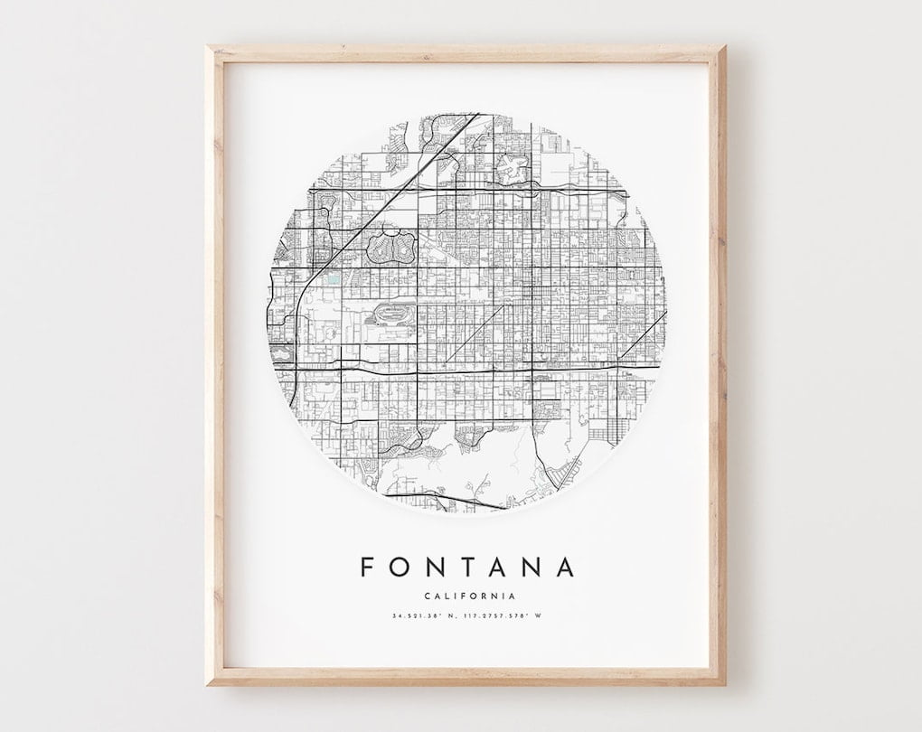 Fontana Map Print, Fontana Map Poster City Wall Art, Ca Road Map ...
